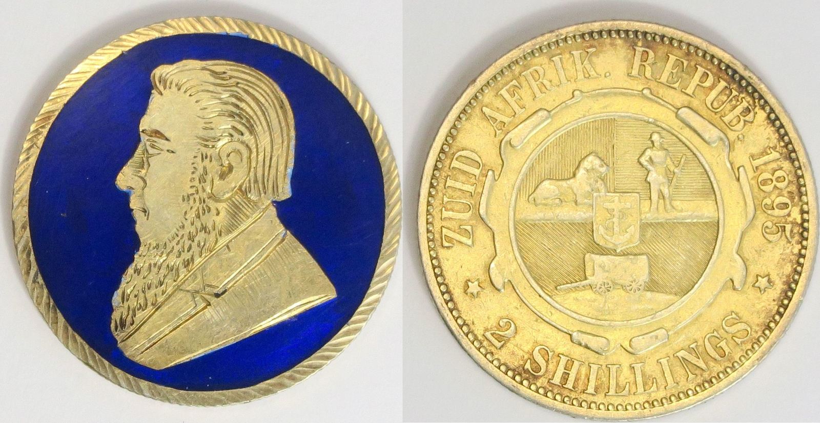 South Africa 2 Shillings 1895 Paul Kruger Enamelled and Gilded coin EF ...