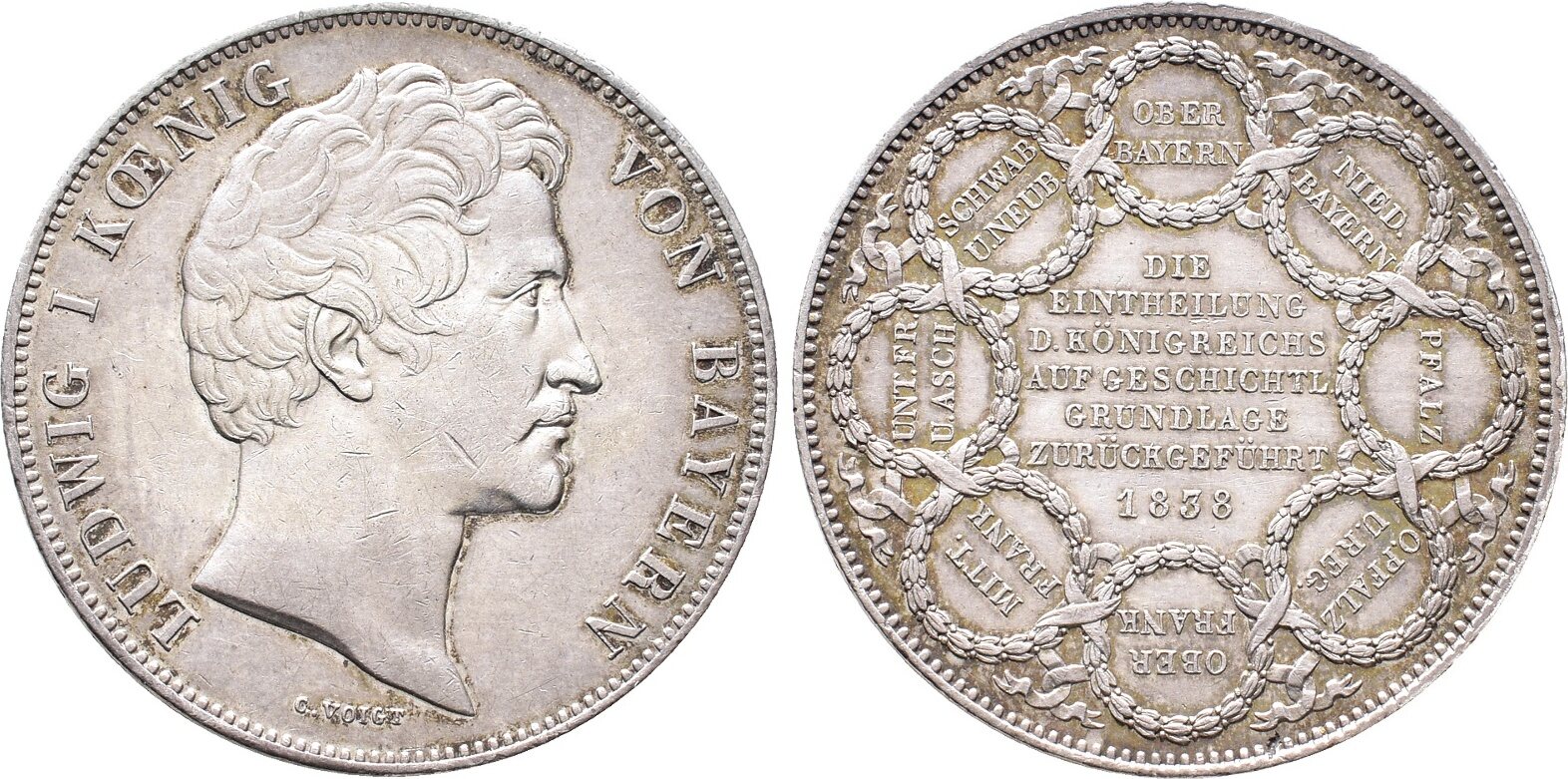 Bayern Vereinsdoppeltaler 1838, München. Ludwig I. 1825-1848. Einteilung des Königreichs. Kl ...