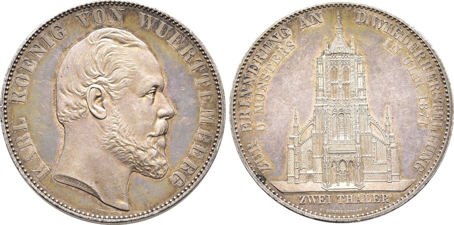 Württemberg Doppelter Vereinstaler 1871. Karl 1864-1891. Ulmer Münster ...