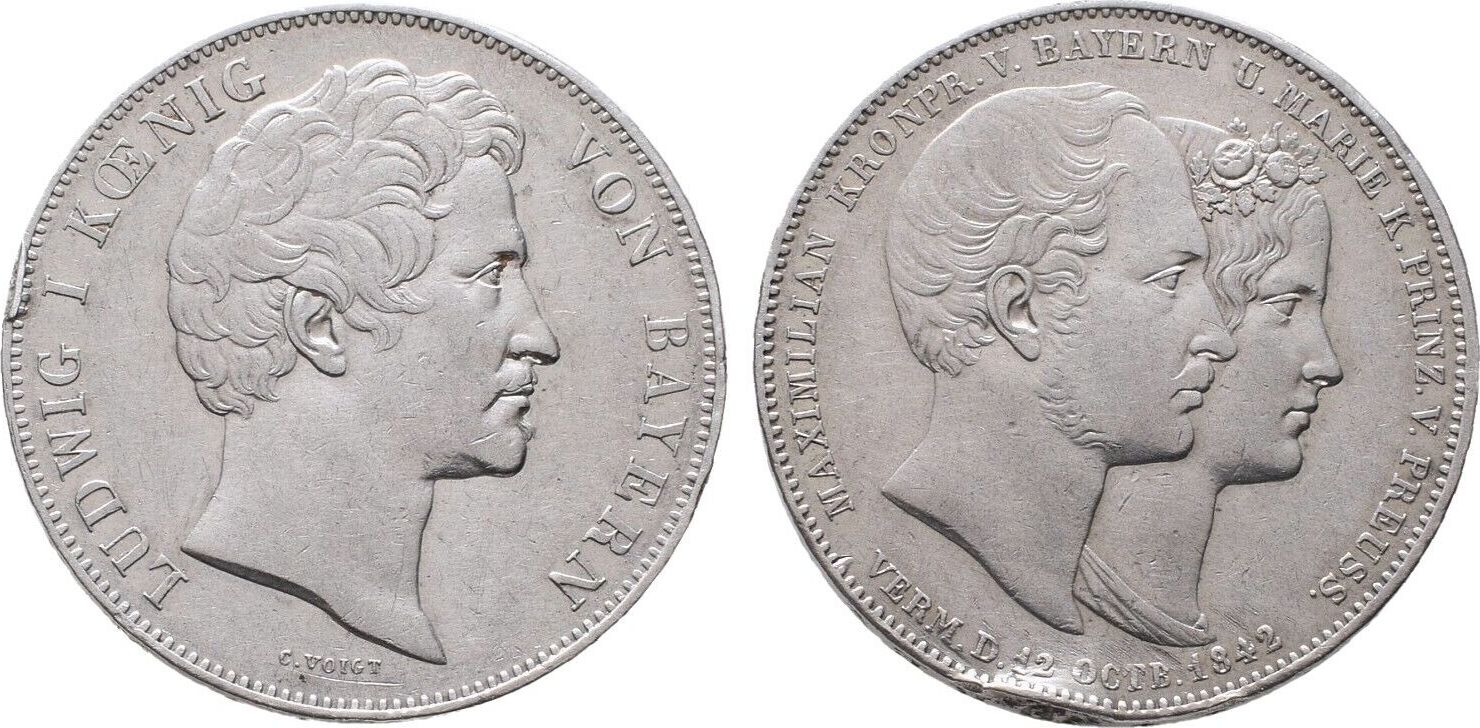 Bayern Geschichtsdoppeltaler 1842. Vermählung. Ludwig I. 1825-1848. Starke Randfehler, VF+ | MA ...