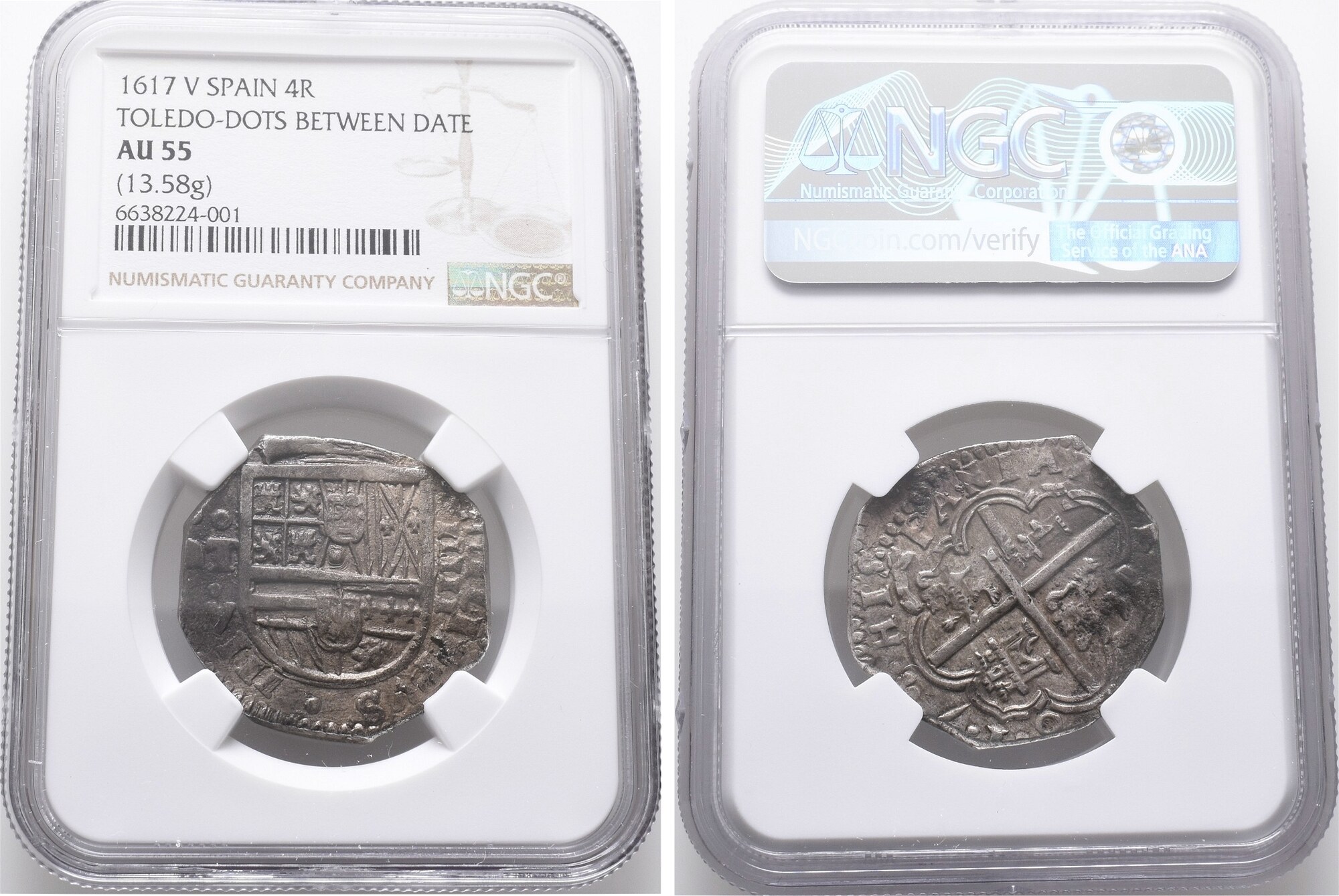 Spanien Cob 4 Reales 1617 V, Toledo. Philip III. 1598-1621. Ship Treasure. Vorzüglich / NGC AU ...