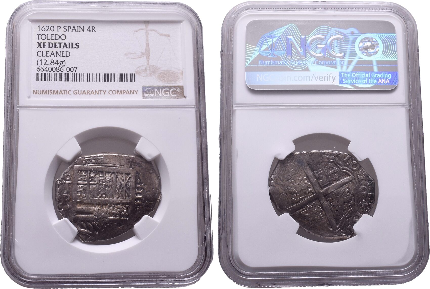Spanien Cob 4 Reales 1620 P, Toledo. Philip III. 1598-1621. Ship Treasure. NGC XF Details | MA-Shops