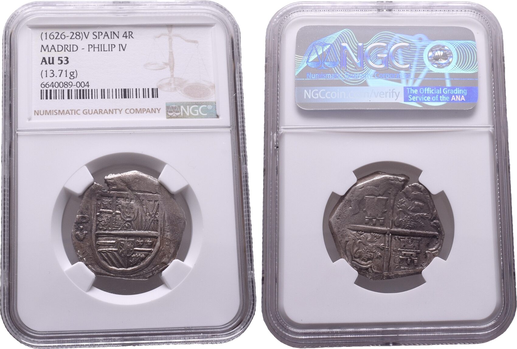 Spanien Cob 4 Reales (1626-28) V, Madrid. Philip IV. 1621-1665. Ship Treasure. NGC AU 53 | MA-Shops