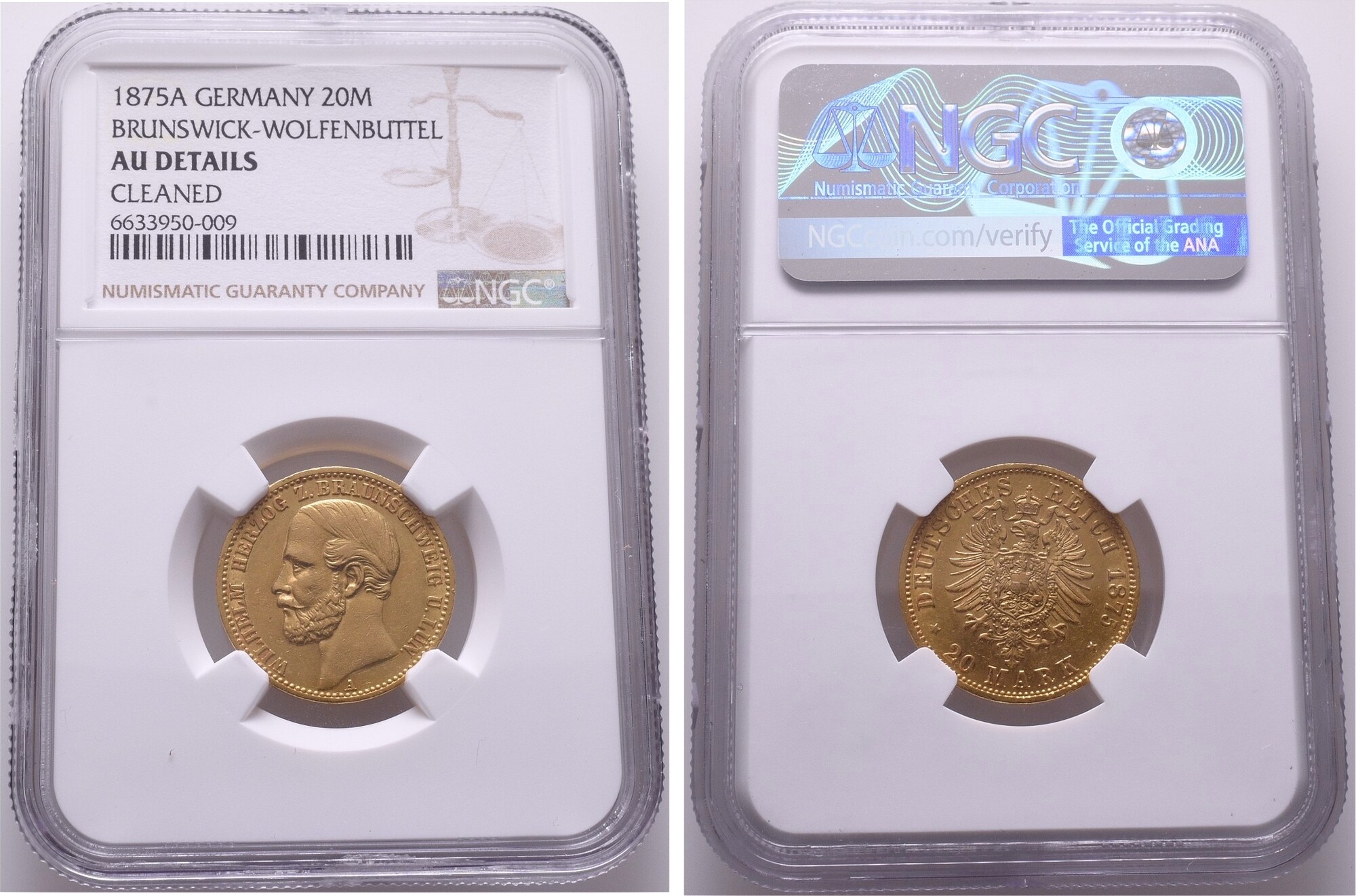 Braunschweig 20 Mark 1875 A. Herzog Wilhelm 1830-1884. NGC AU Details | MA-Shops
