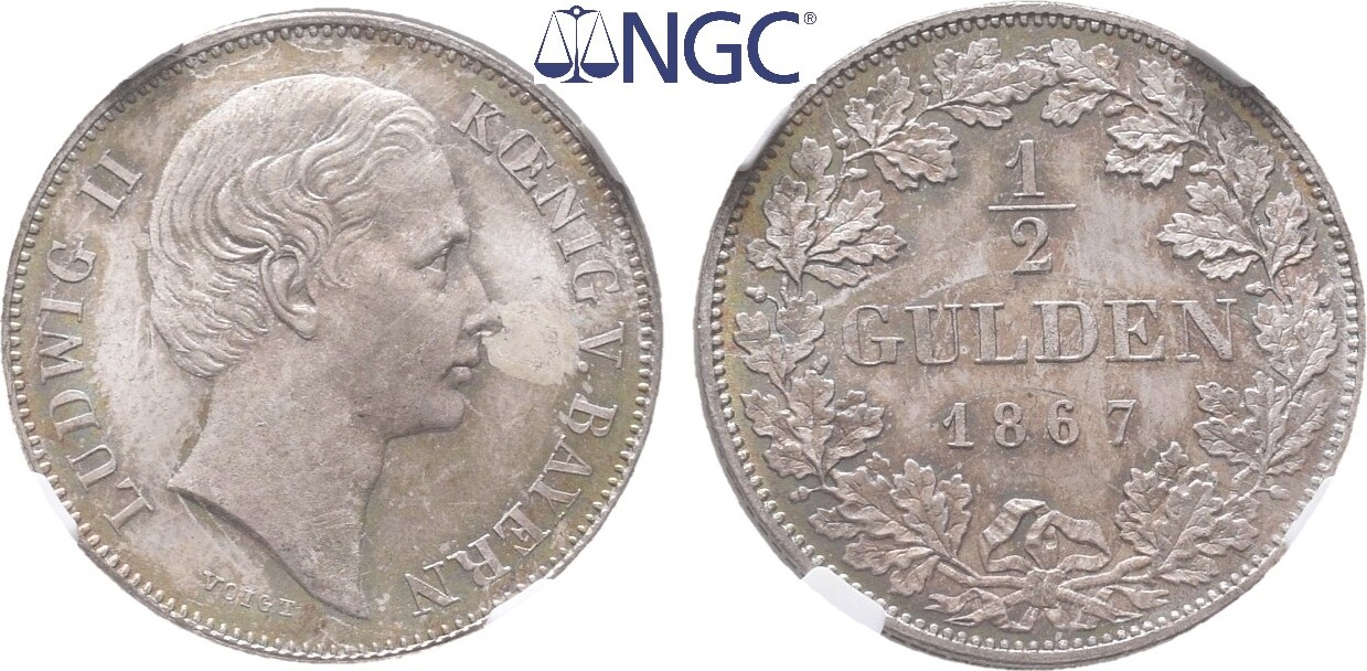 Bayern 1/2 Gulden 1867. Ludwig II. 1864-1886. NGC MS 66 | MA-Shops