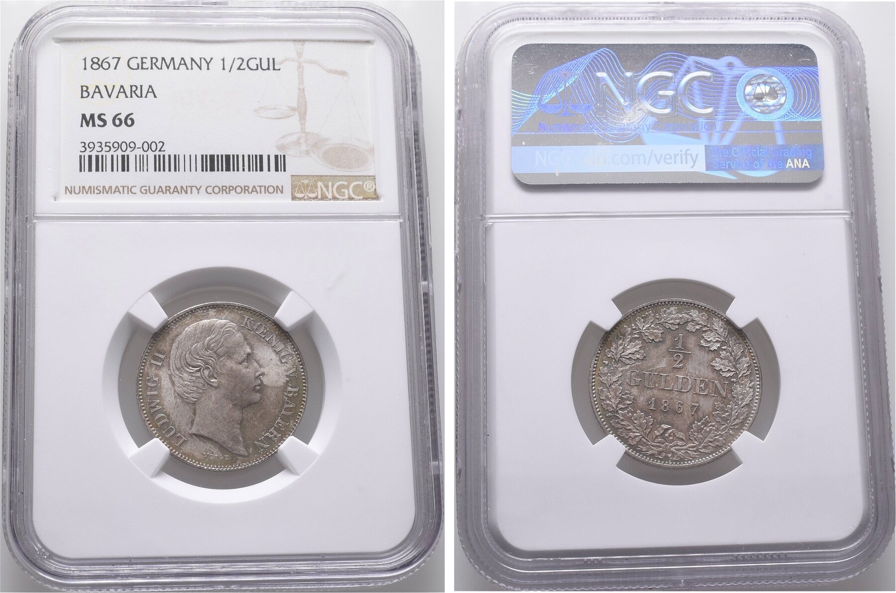 Bayern 1/2 Gulden 1867. Ludwig II. 1864-1886. NGC MS 66 | MA-Shops