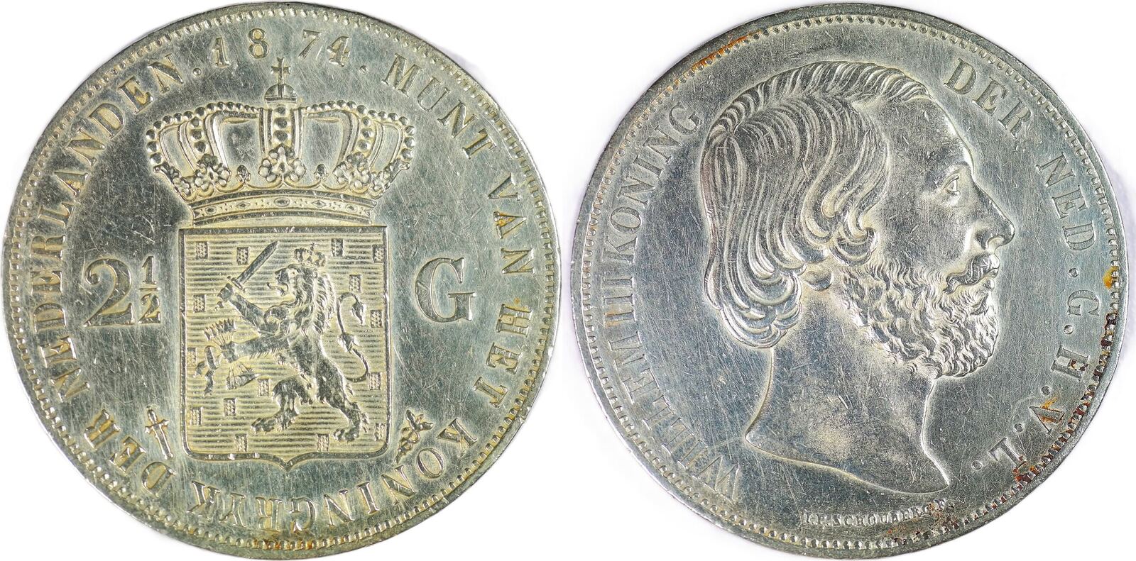 Netherlands 2 1/2 Gulden / Rijksdaalder 1874 Willem III / Schouberg VF ...