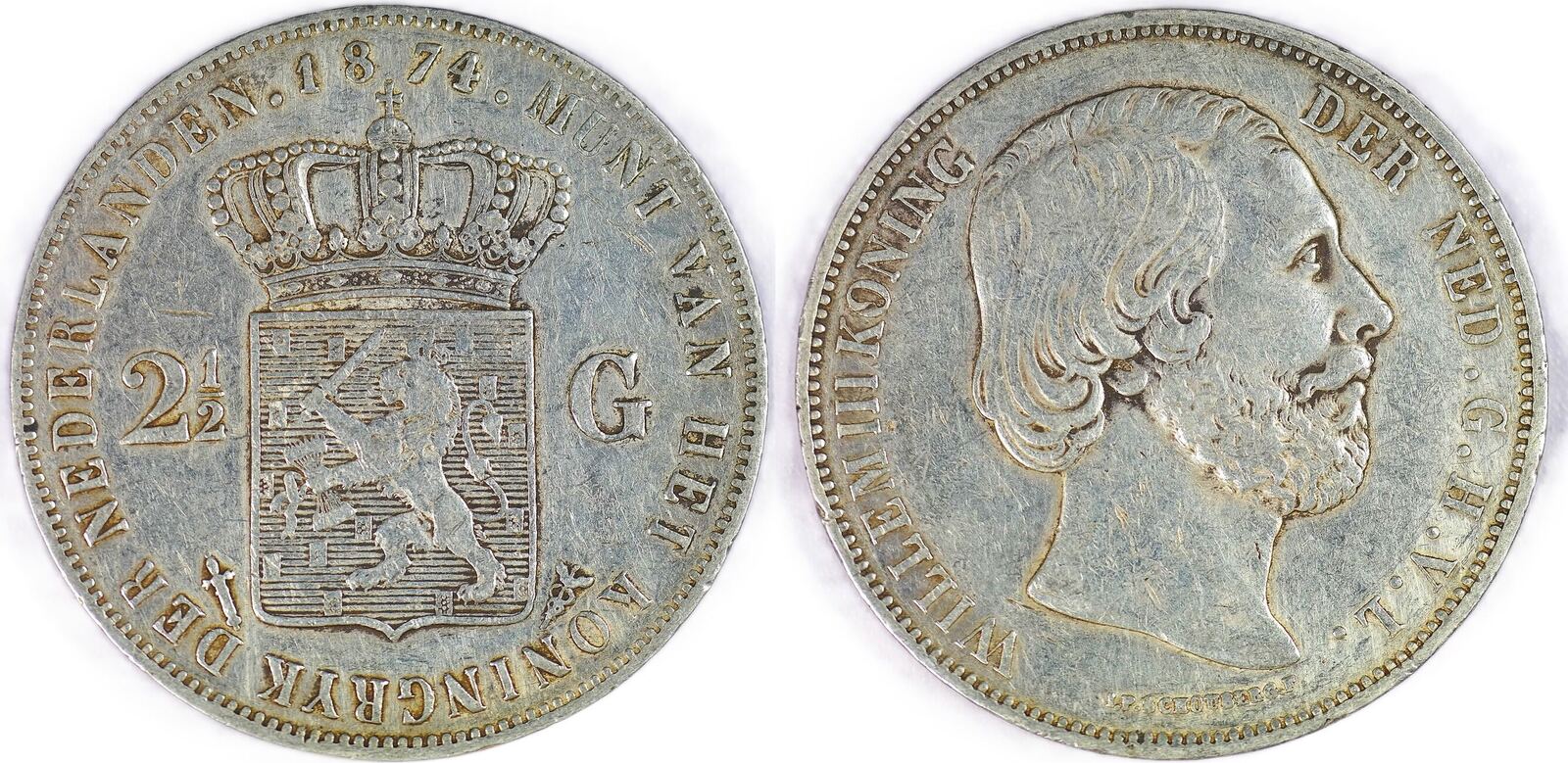 Netherlands 2 1/2 Gulden / Rijksdaalder 1874 Willem III / Schouberg VF ...