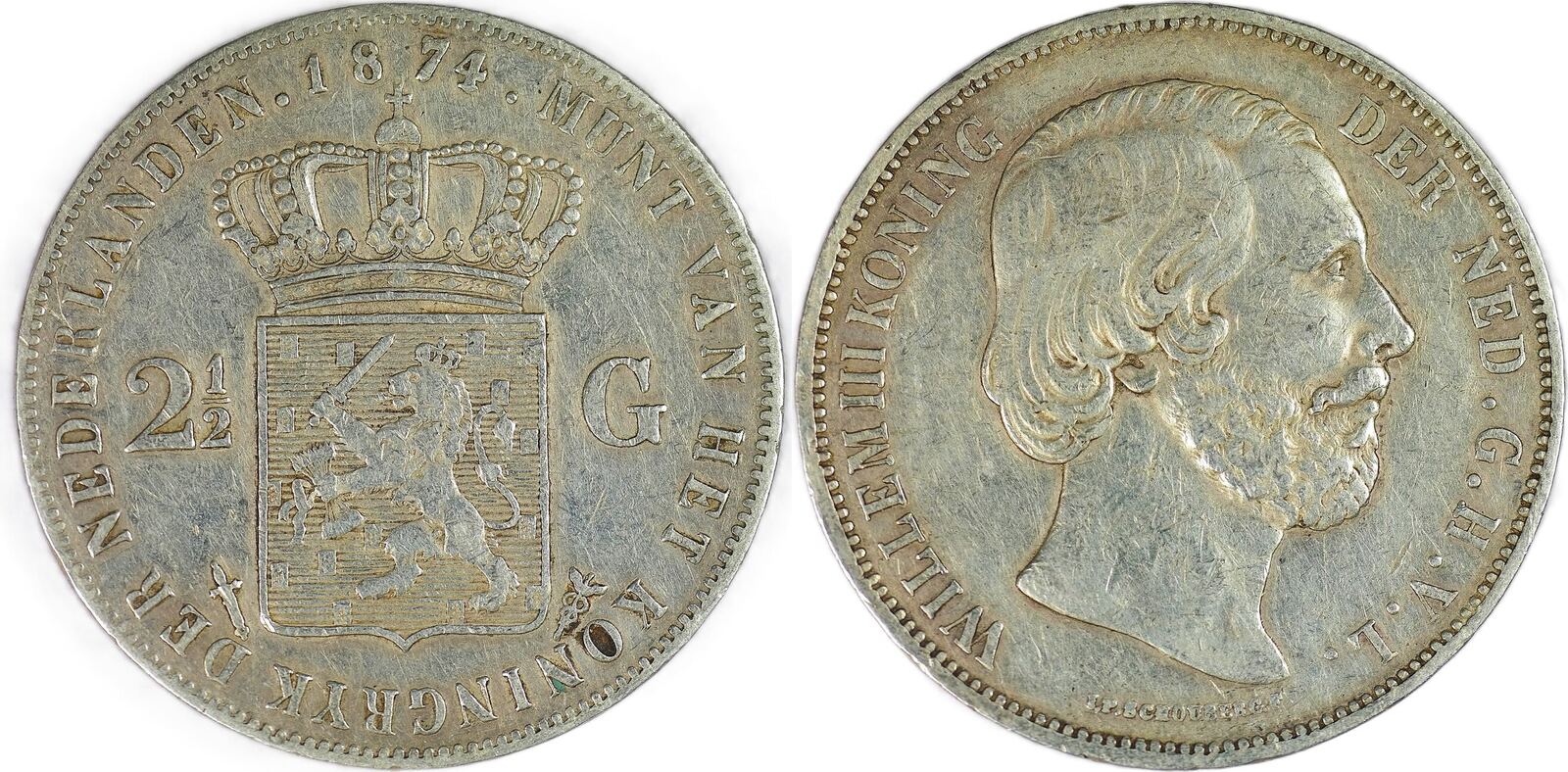 Netherlands 2 1/2 Gulden / Rijksdaalder 1874 Willem III / Schouberg VF ...