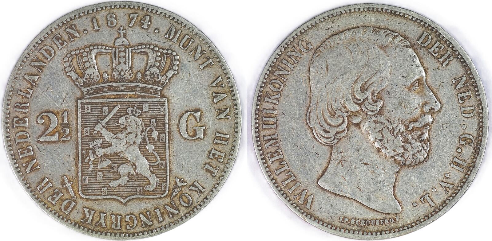 Netherlands 2 1/2 Gulden / Rijksdaalder 1874 Willem III / Schouberg VF ...