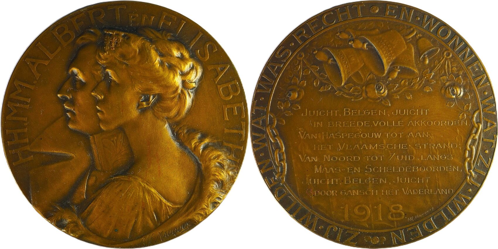 Belgium Historical medal 1918 King Albert I and Queen Elisabeth – End of the First World War / A ...