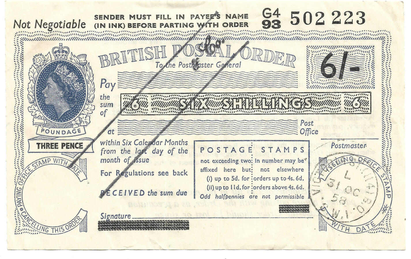 British Postal Order 6 Shillings 1958 Queen Elizabeth II F | MA-Shops