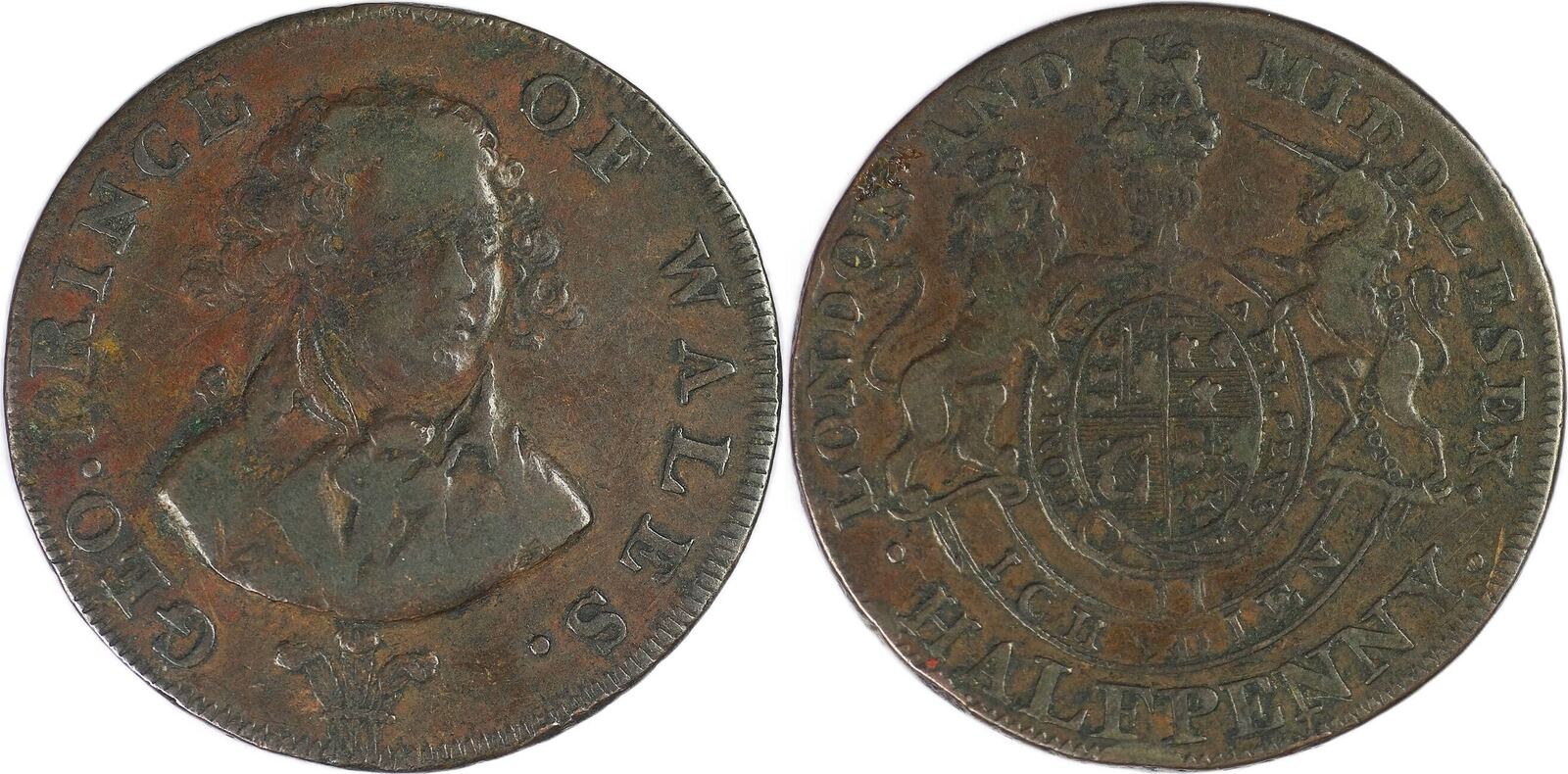 England / Middlesex 1/2 Penny token 1787 - 1797 (ND) George Prince of ...