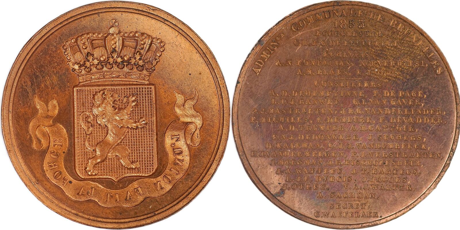 Belgium Historical medal Municipal Council of Brussels in 1853 – J.C. de Brouckère GALVANO aUNC ...