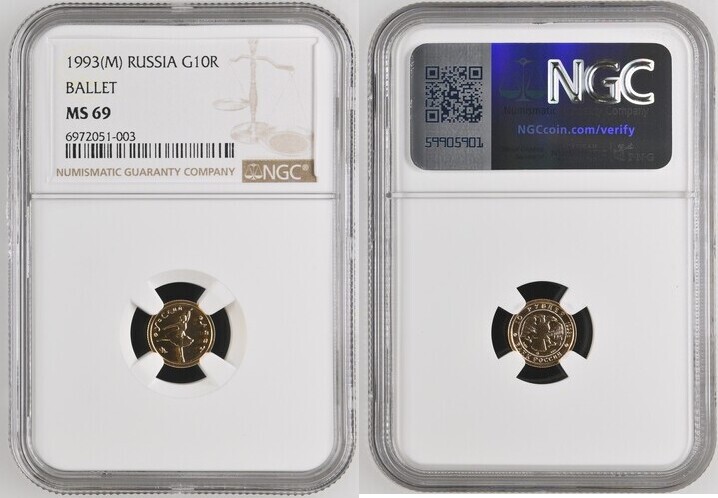 RUSSIA GOLD 10 RUBLES 1993 M RUSSIAN BALLET NGC MS 69 | MA-Shops