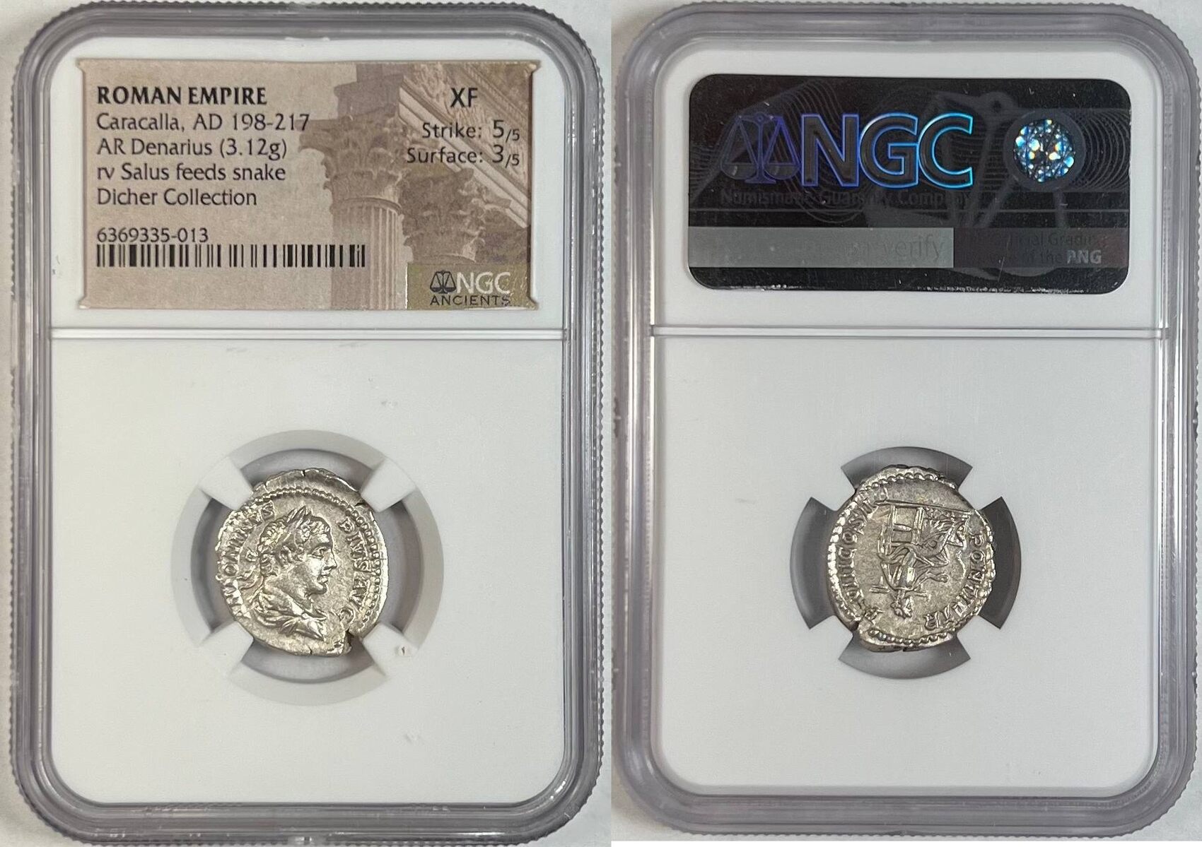 AR Denarius Caracalla, AD 198-217 ROMAN EMPIRE Dicher Collection NGC XF ...