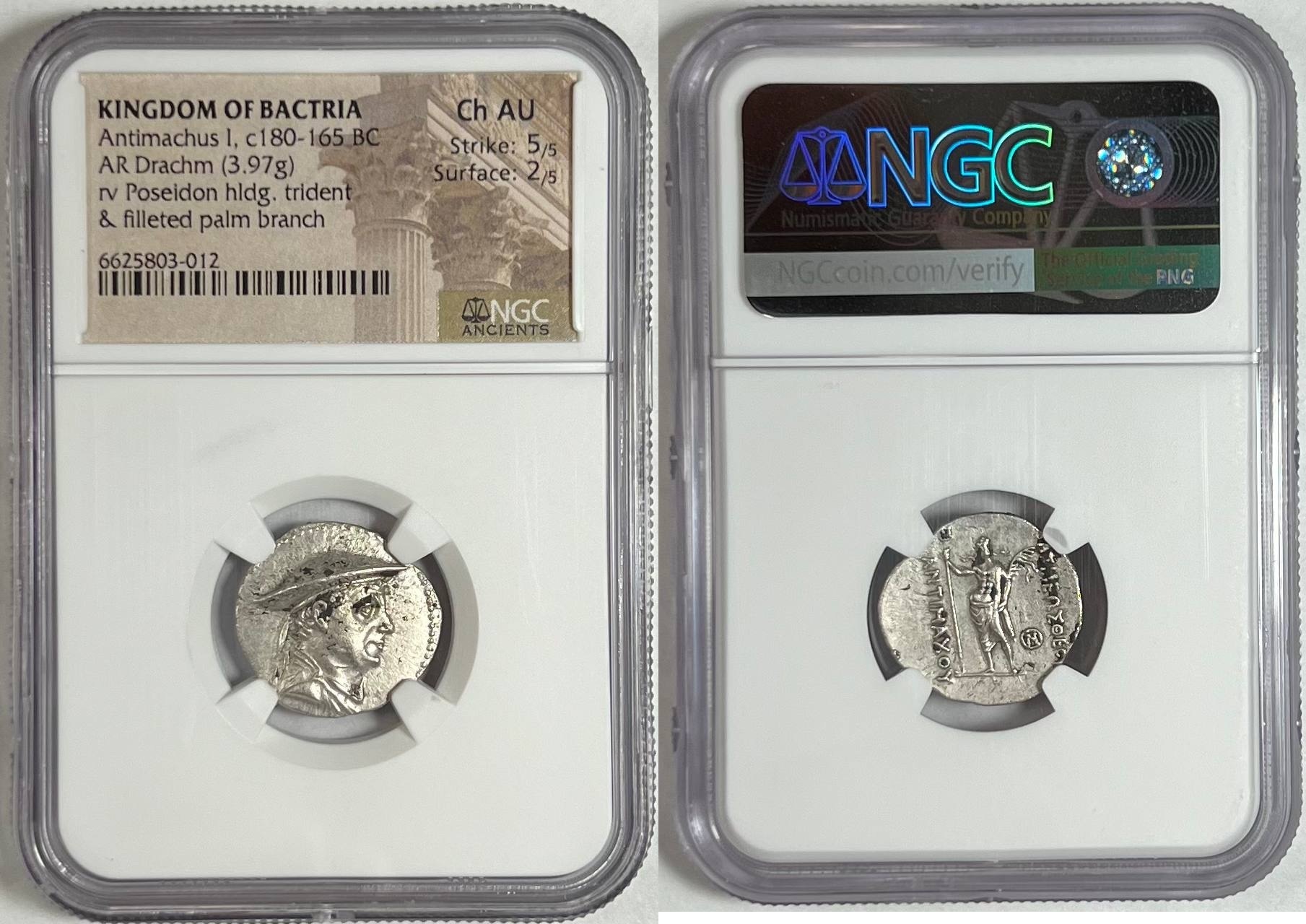 AR Drachm Drachm Antimachus I, c180-165 BC KINGDOM OF BACTRIA NGC Ch AU ...