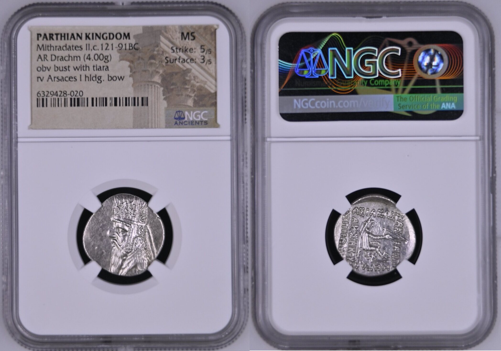 PARTHIAN KINGDOM AR Drachm Mithradates II,c.121-91BC NGC MS NGC MS ...