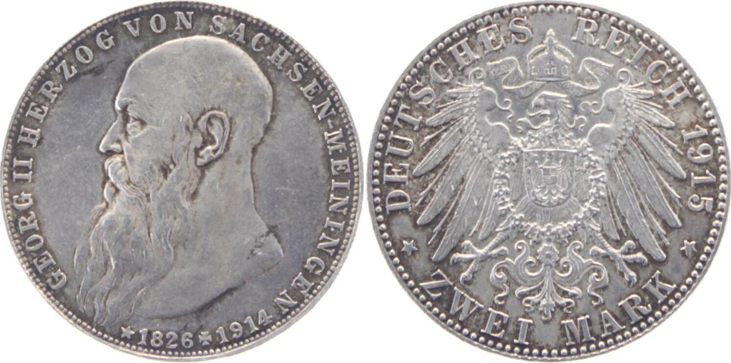 Sachsen-Meiningen 2 Mark 1915 D Georg II. 1866-1914. Haarkr., EF / AU | MA-Shops