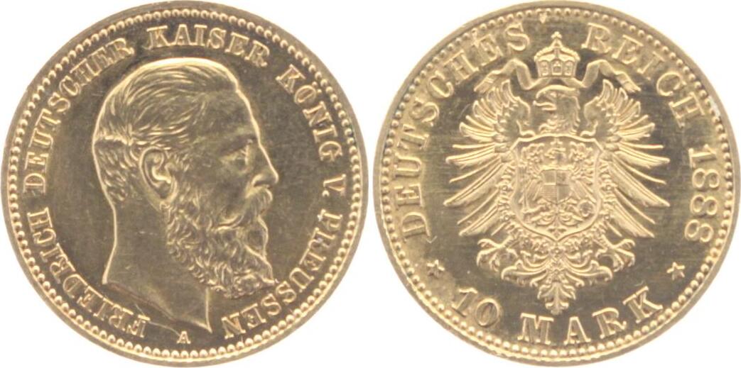 Preussen 10 Mark - GOLD- 1888 A Friedrich III. 1888. min. berührt, AU ...