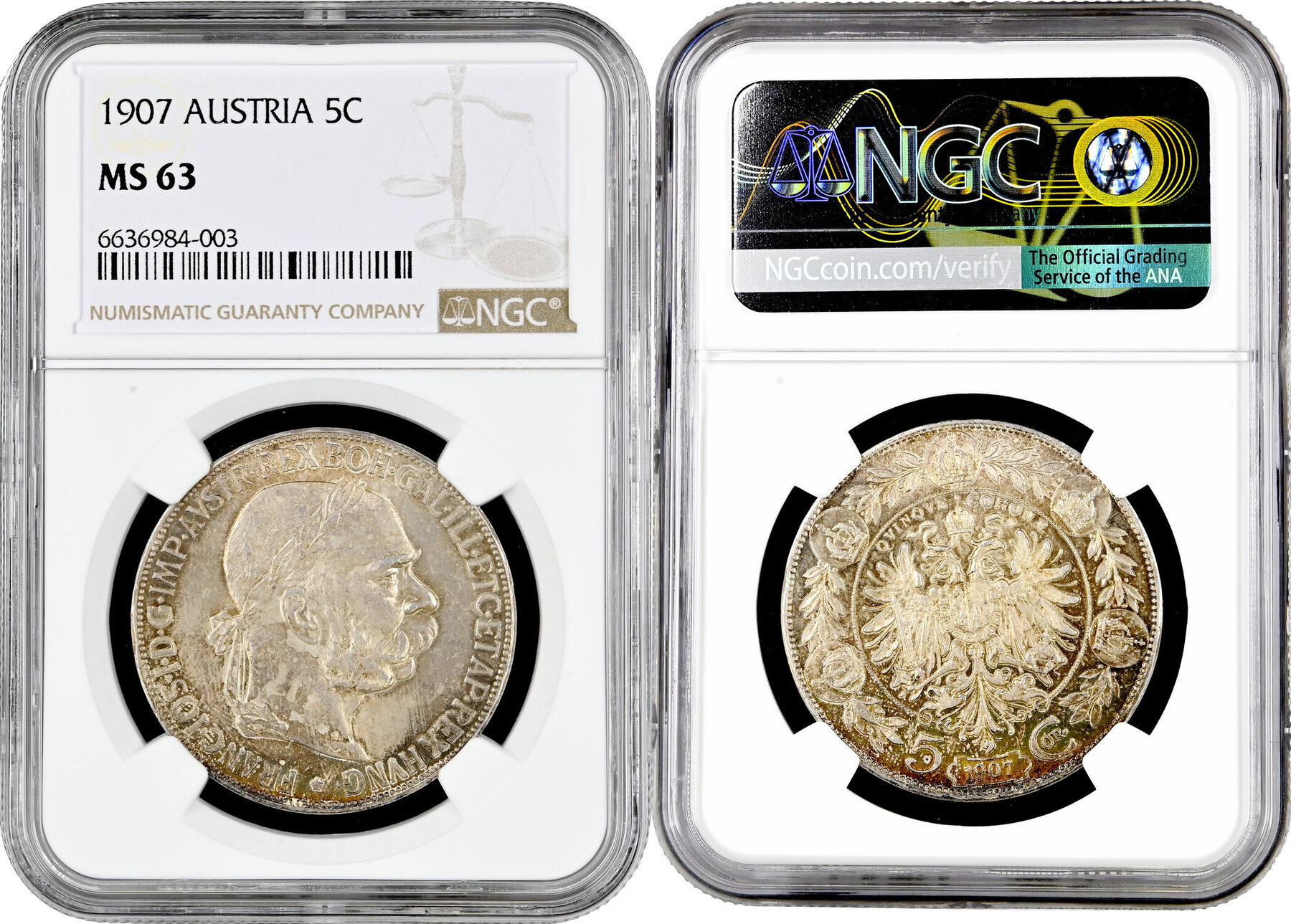 Austria 5 corona 1907, NGC MS63, Emperor Franz Joseph I (1848 - 1916 ...