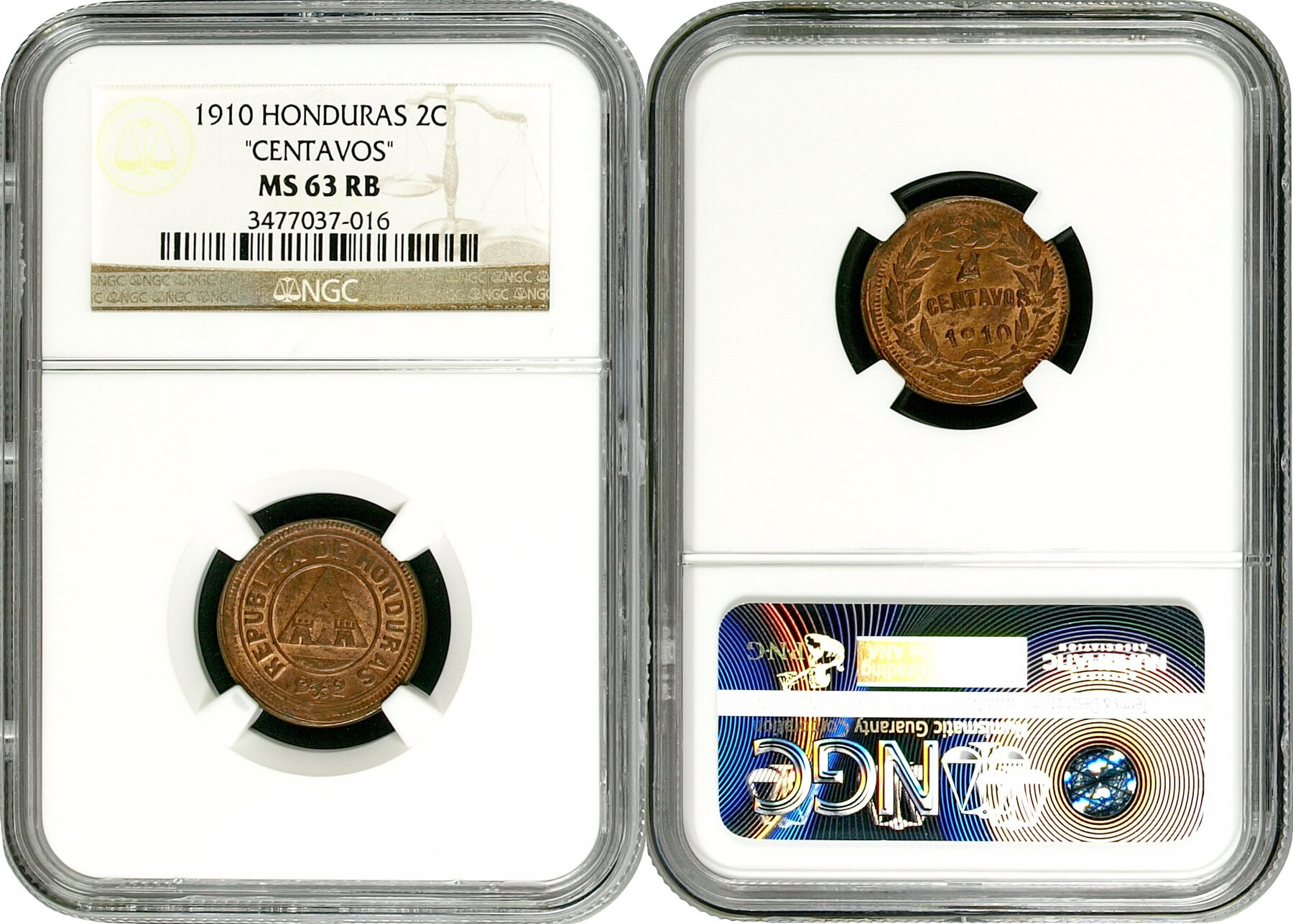 Honduras 2 centavos 1910, NGC MS63 RB, Peso (1871 - 1930) Honduras 1910, NGC MS63 RB, Peso (1871 ...