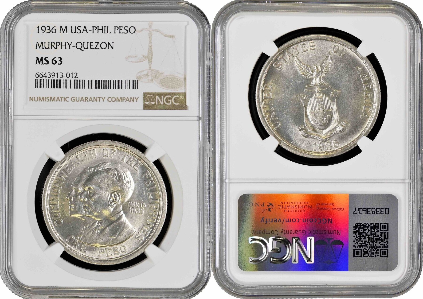 Philippines 1 peso 1936 M, NGC MS63, Commonwealth, Murphy & Quezon ...