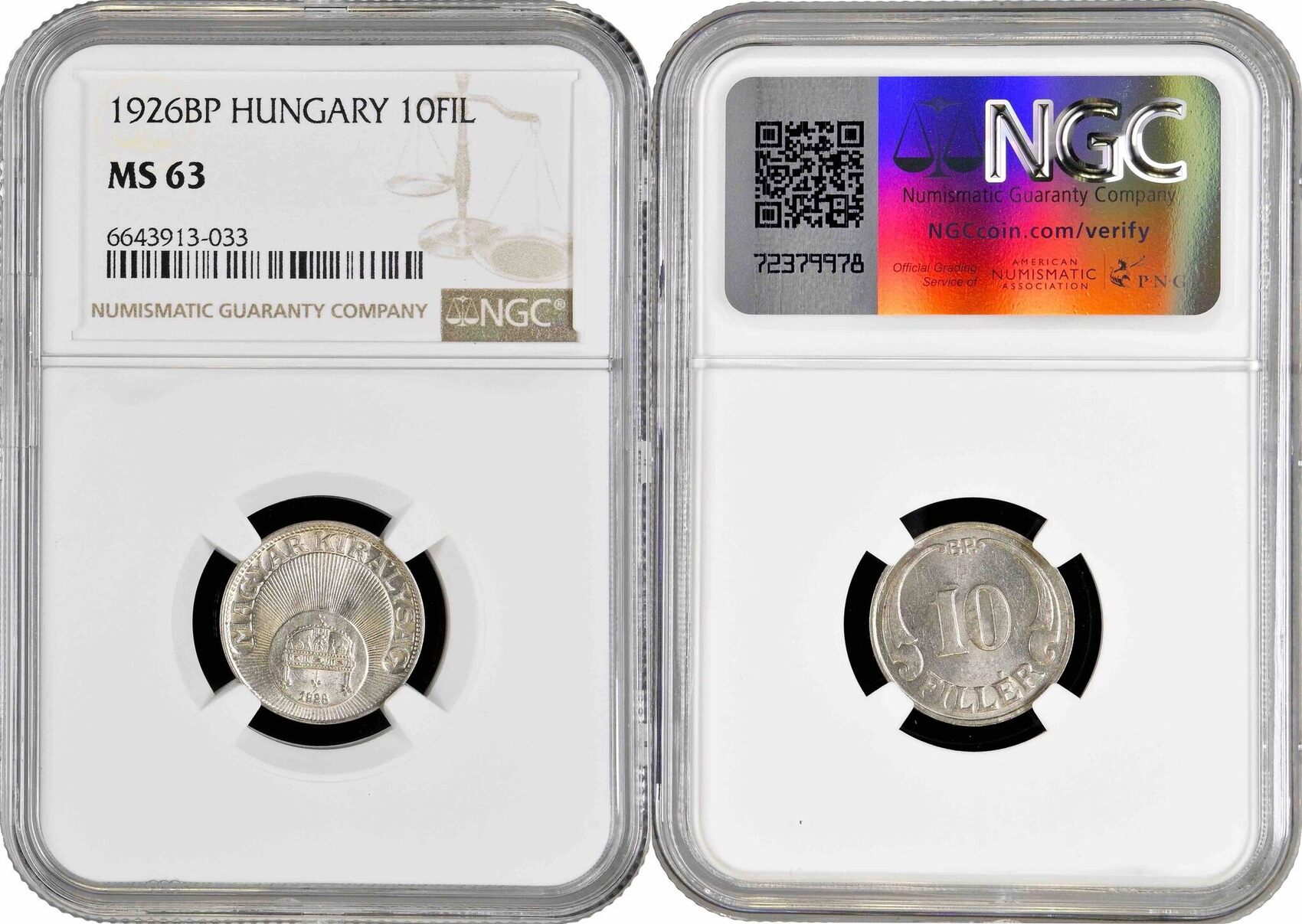 Hungary 10 filler 1926 BP, NGC MS63, Regency (Pengő) (1926 - 1945) Pop ...