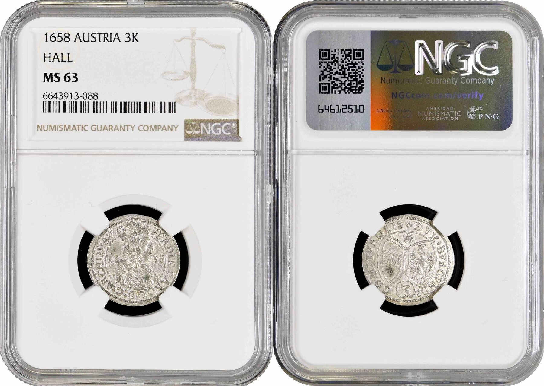 Austria 3 kreuzer 1658 HALL, NGC MS63, Ferdinand Charles (1646-1662) TopPop2/0 Austria HALL, NGC ...
