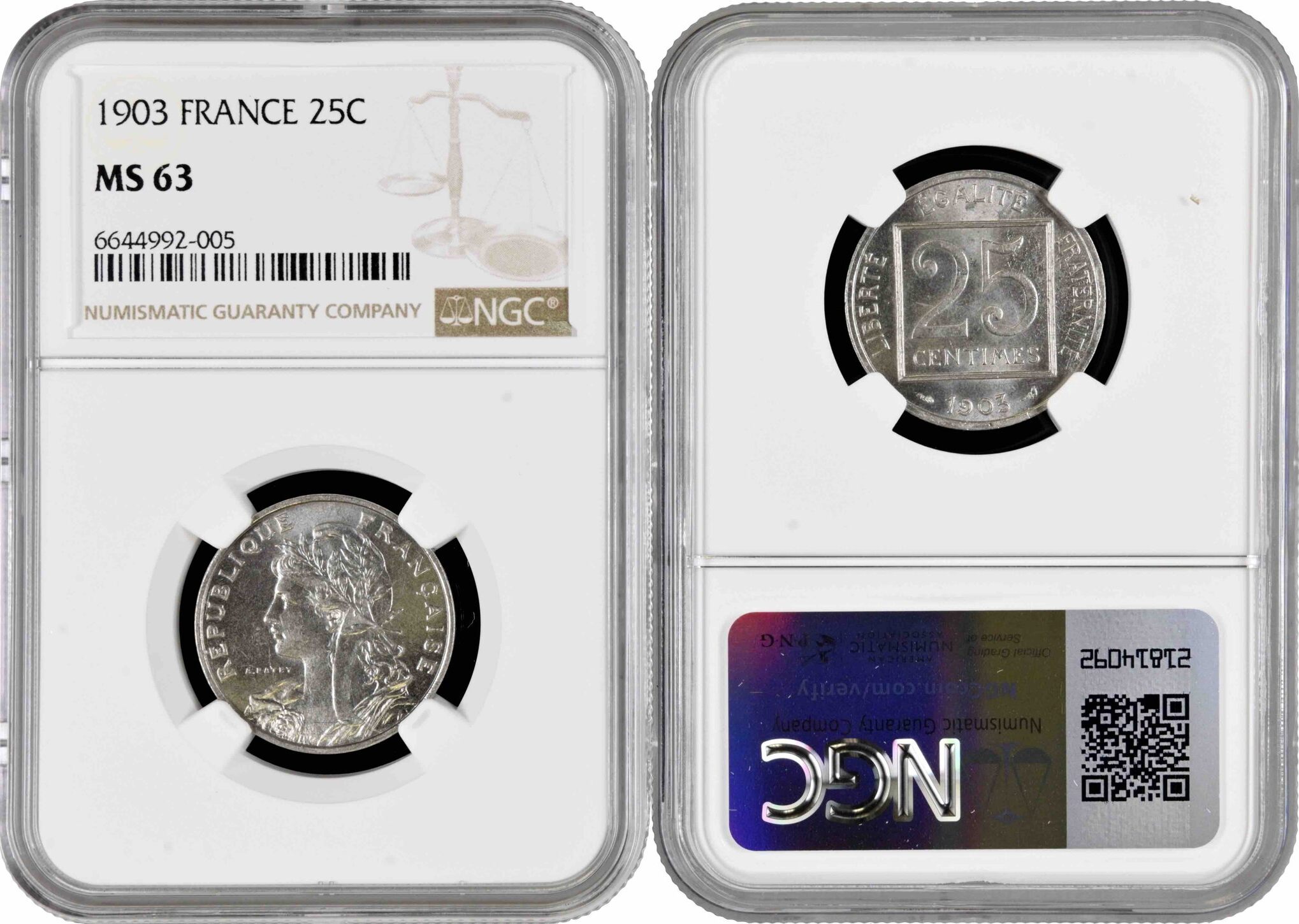 France 25 centimes 1903, NGC MS63, Third Republic (1870 - 1941) France 1903, NGC MS63, Third ...