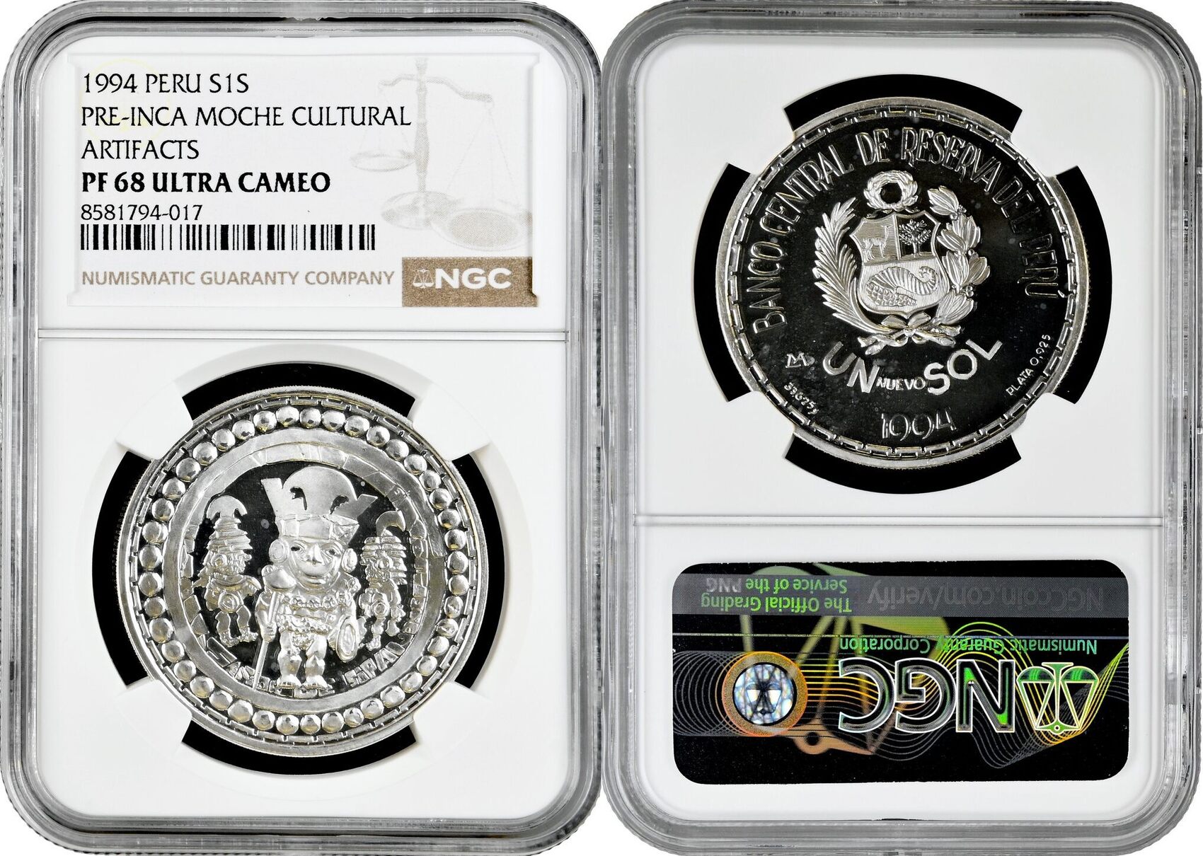 Peru 1 sol 1994, NGC PF68 UC, Pre-Inca Moche Cultural Artifacts silver ...