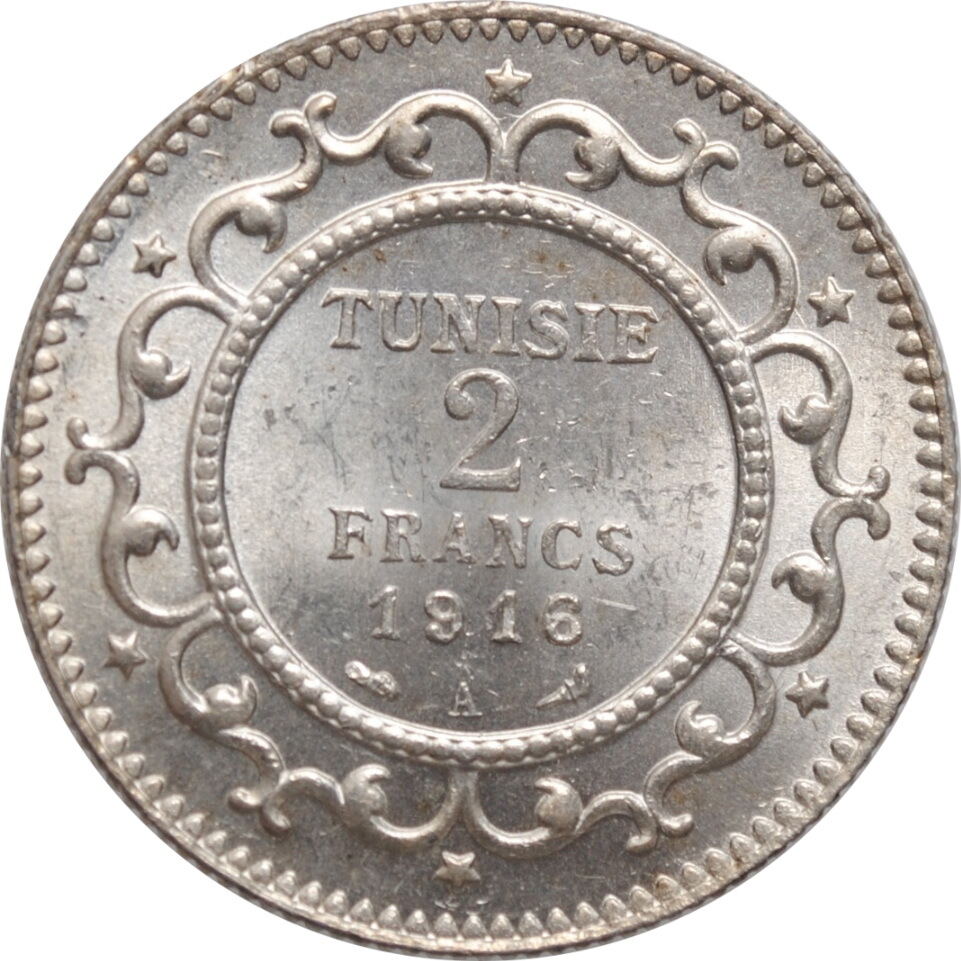 AH AH Tunisia 2 francs AH 1335 (1916/5), NGC MS63+, French protectorate (1890 - 1957) Top Pop ...