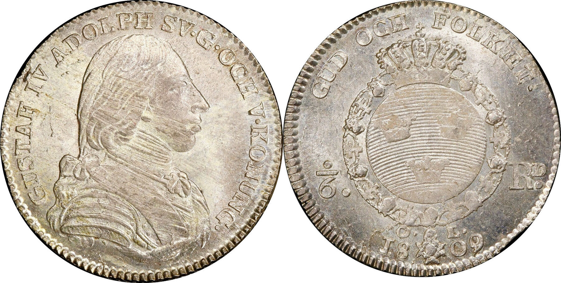 Sweden 1/6 riksdaler 1809 OL, PCGS MS63, King Gustav IV Adolf (1792 ...