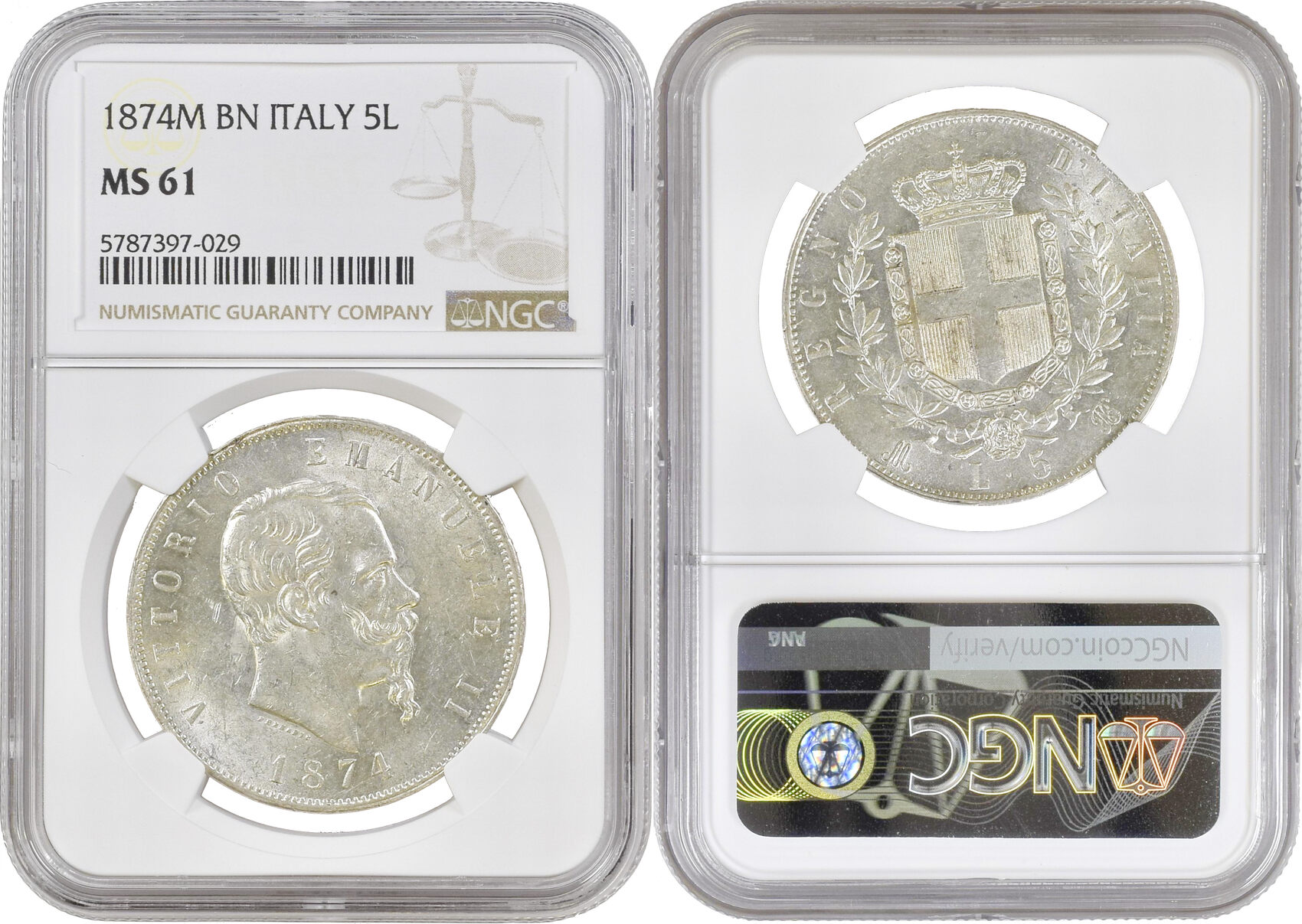 Italy 5 lire 1874 M, NGC MS61, King Vittorio Emanuele II (1861 - 1878 ...