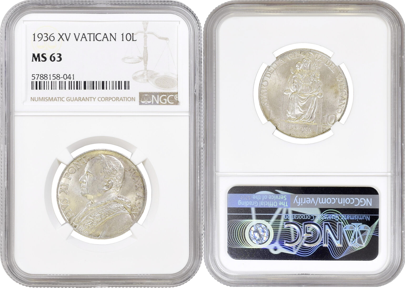 Vatican City 10 lire 1936, NGC MS63, Pope Pius XI (1929 - 1938) Vatican City 1936, NGC MS63 ...