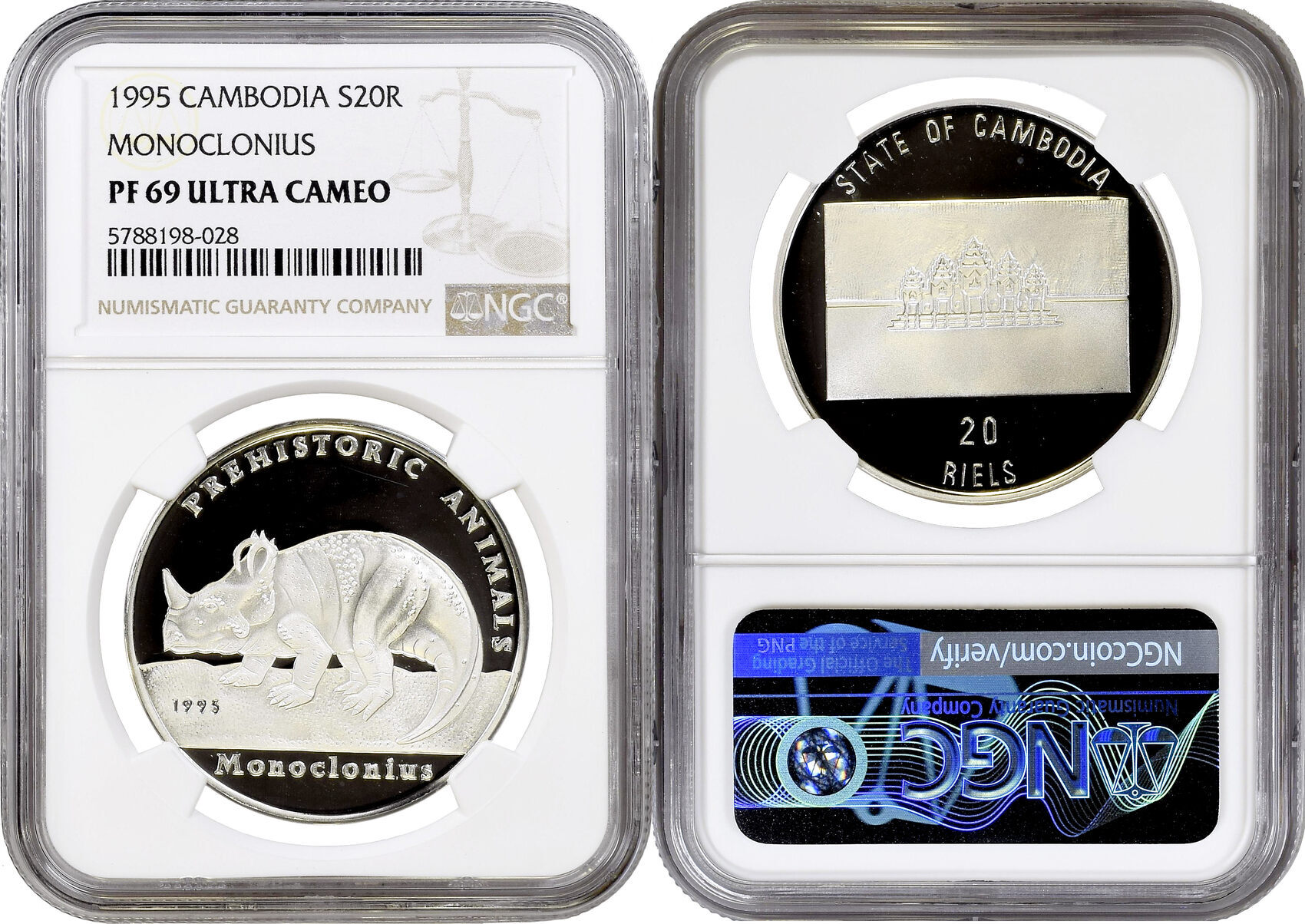 Cambodia 20 riels 1995, NGC PF69 UC, Prehistoric Animals - Monoclonius Top Pop Cambodia 1995 ...