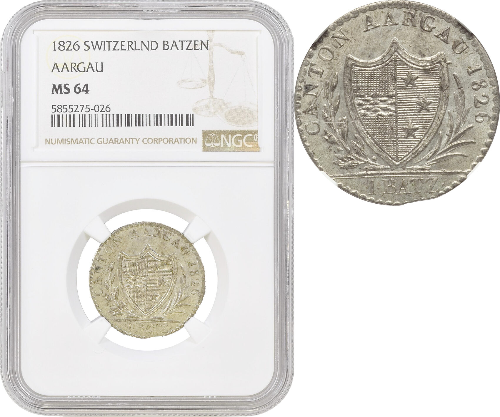 Swiss Cantons 1 batzen 1826, NGC MS64, Canton of Aargau (1805 - 1850 ...