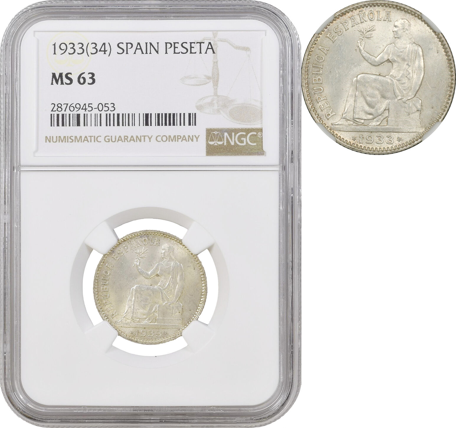 Spain 1 peseta 1933 (34), NGC MS63, Second Republic (1931 - 1939) Spain ...