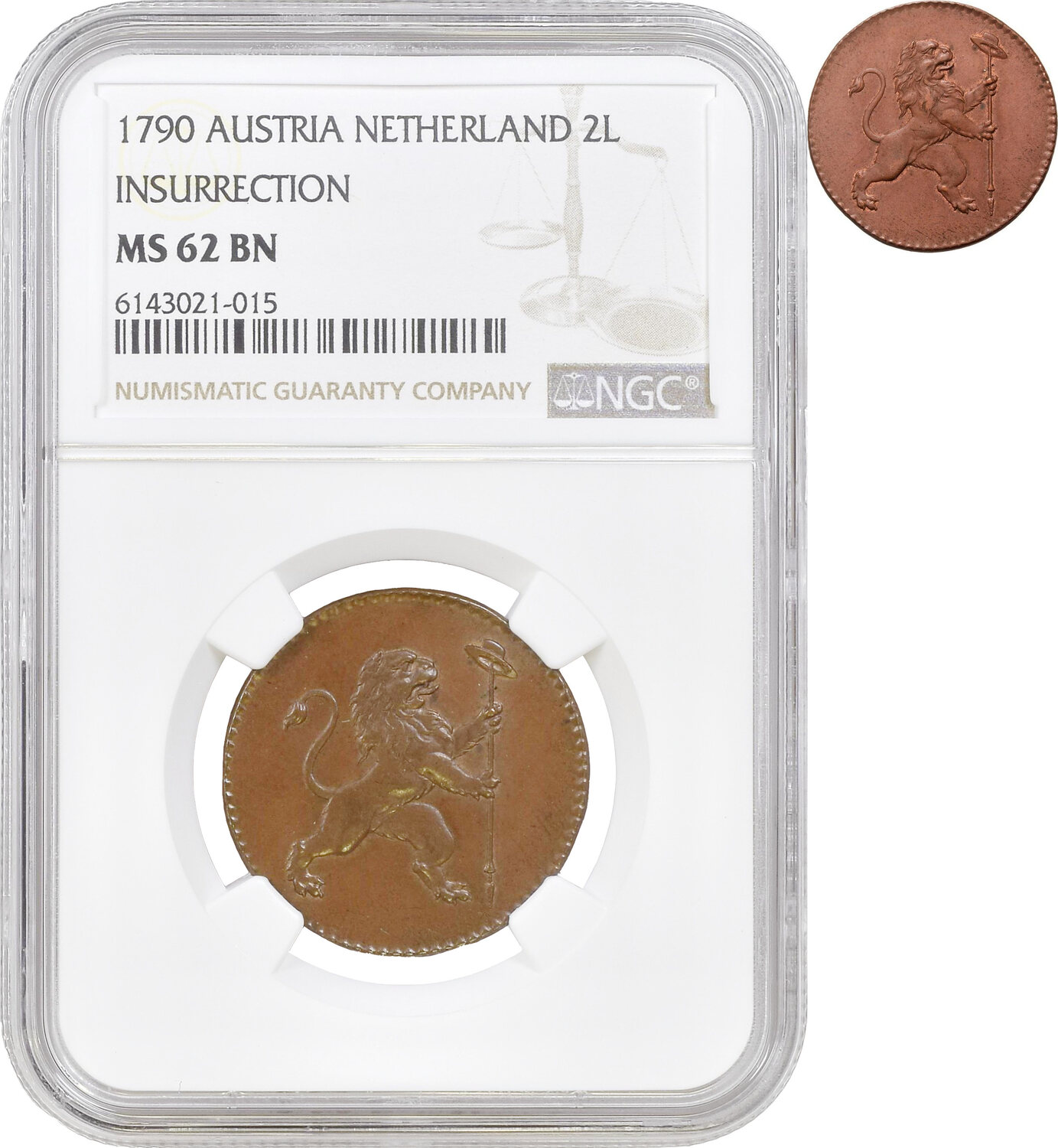 Austrian Netherlands 2 liards 1790, NGC MS62 BN, Independence of Belgium (1790) Austrian ...