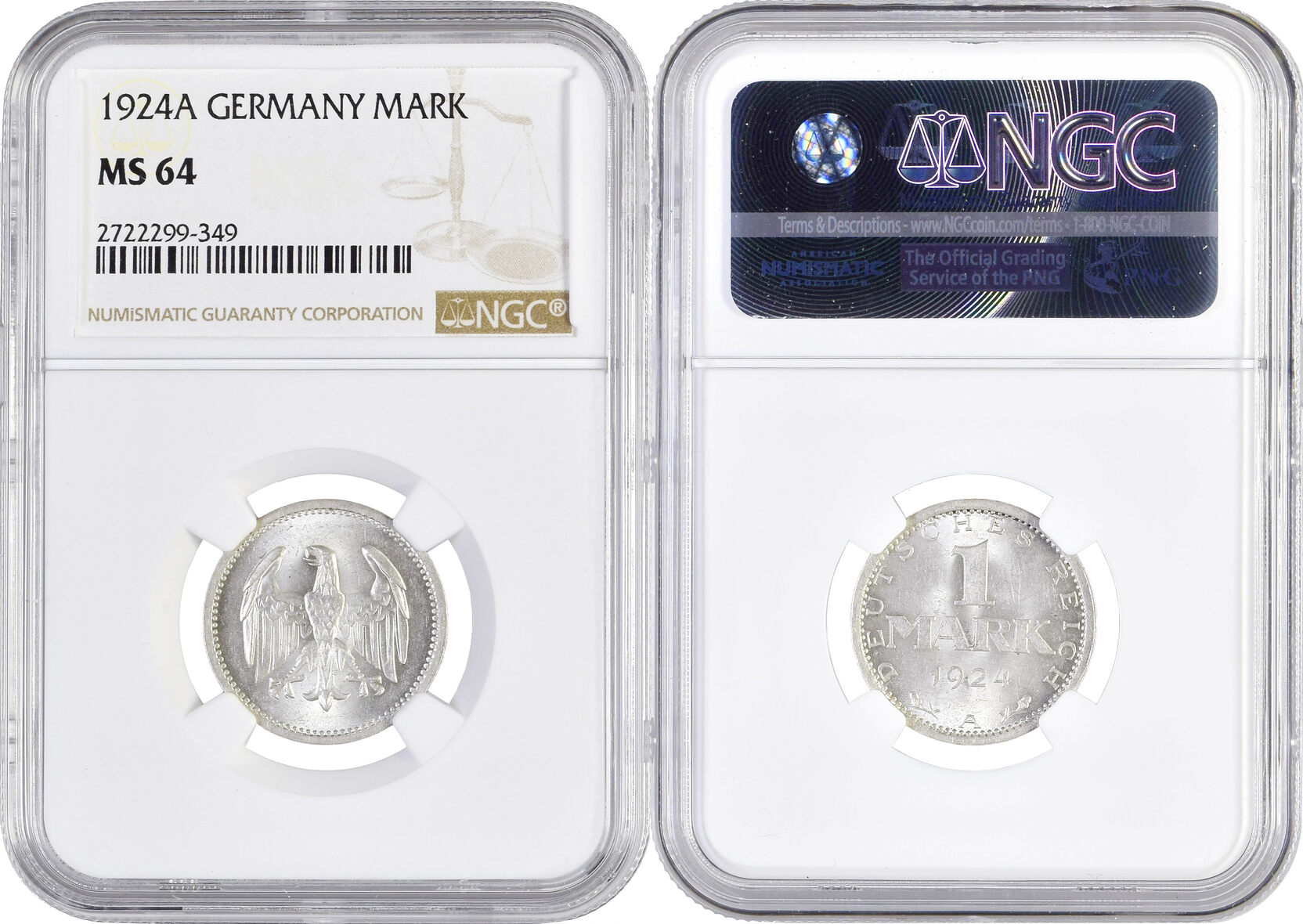 Germany 1 mark 1924 A, NGC MS64, Weimar Republic (Mark) (1919 - 1925) Germany 1924 A, NGC MS64 ...