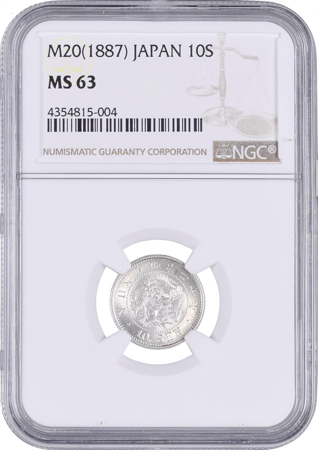 Japan 10 sen 1887, NGC MS63, Mutsuhito (Meiji) (1868 - 1912) Japan 1887, NGC MS63, Mutsuhito ...