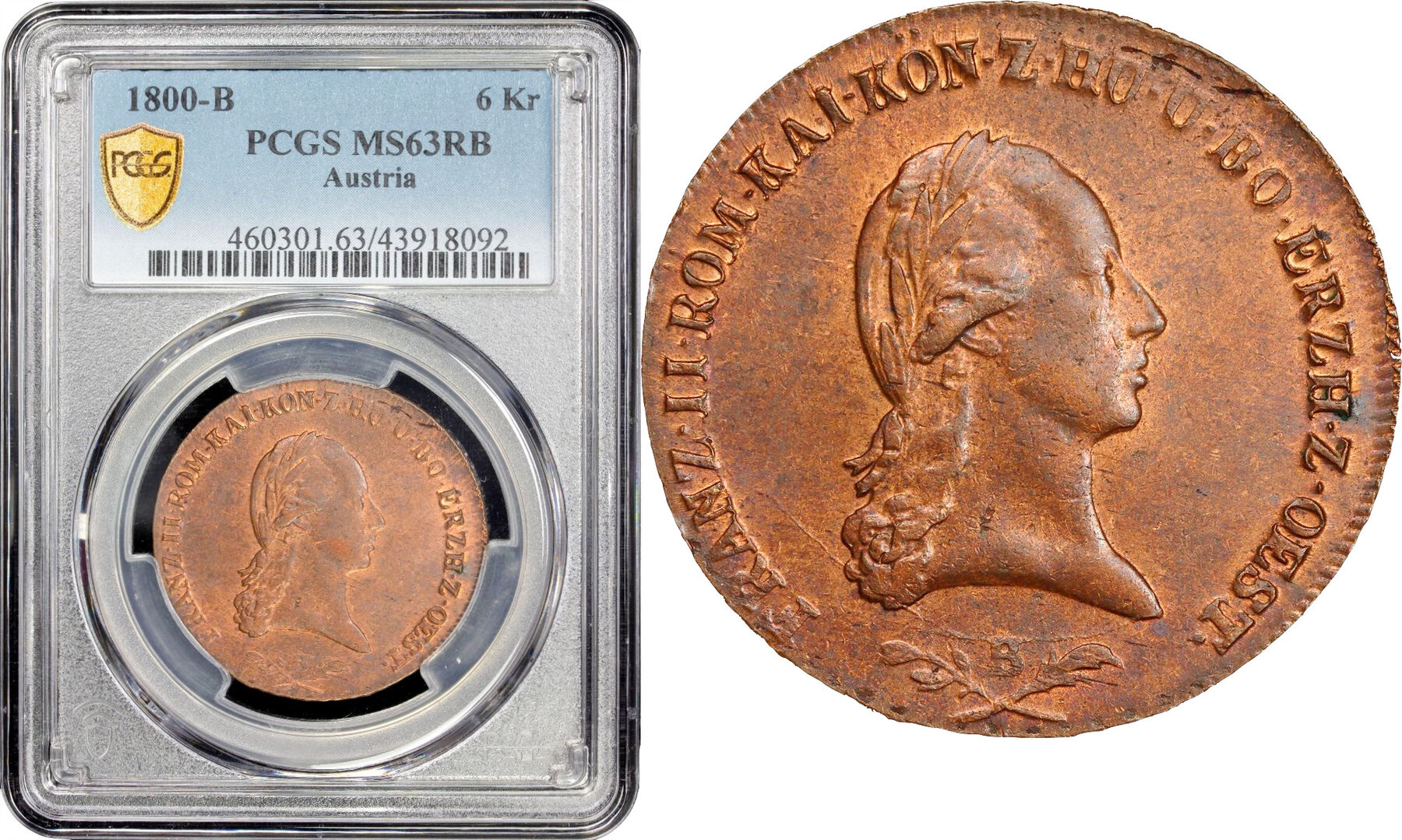 Austria 6 kreuzer 1800 B, PCGS MS63 RB, Emperor Franz II (1792 - 1835) Austria 1800 B, PCGS MS63 ...