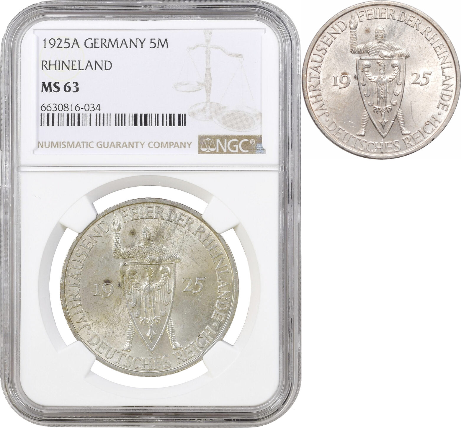 Weimar Republic 5 reichsmark 1925 A, NGC MS63, 1000th Year of the ...