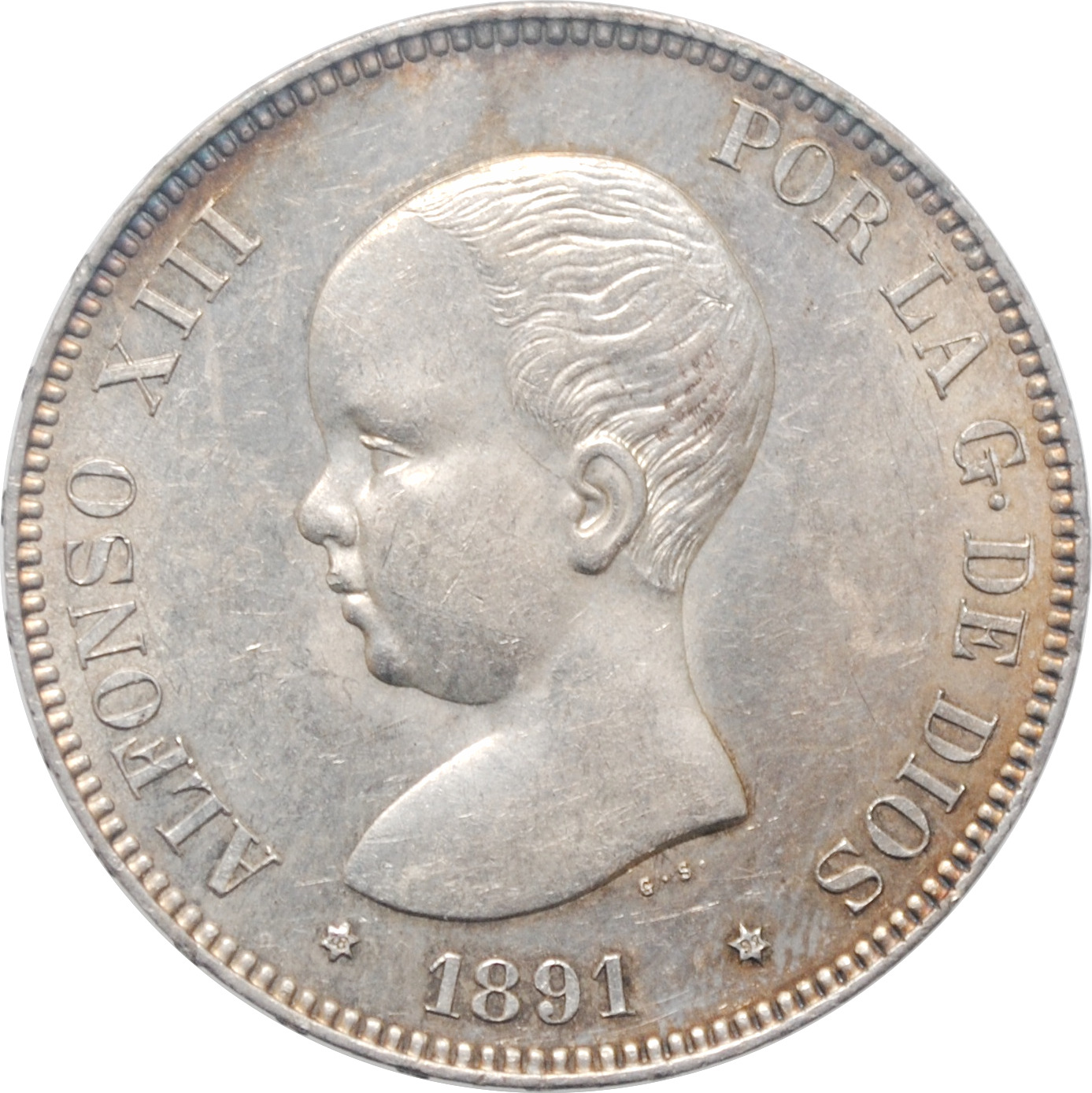 Spain 5 pesetas 1891 PGM, NGC MS62, King Alfonso XIII (1886 - 1931) Spain PGM, NGC MS62, King ...