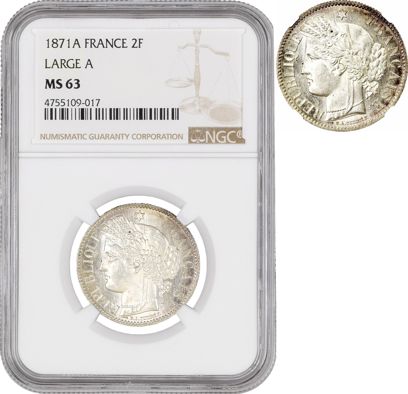 France 2 francs 1871 A, NGC MS63, Third Republic (1870 - 1941) France 1871 A, NGC MS63, Third ...