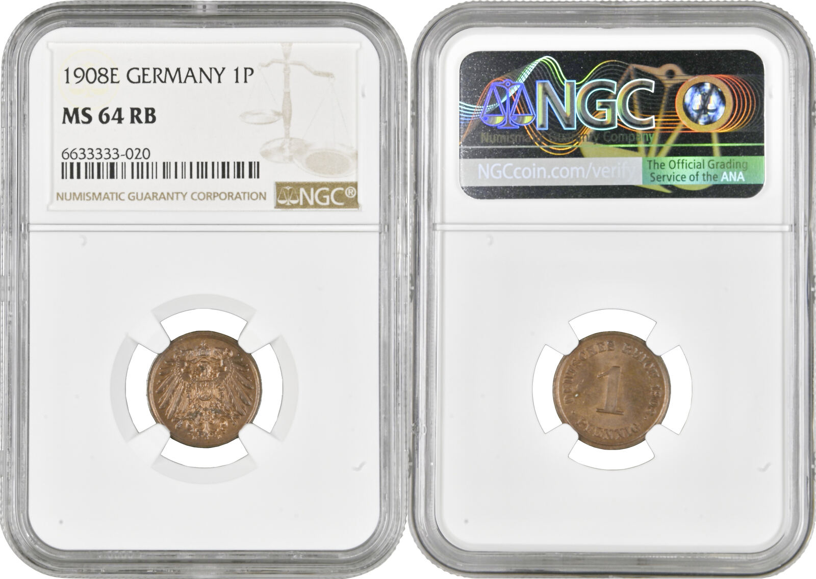 Germany 1 pfennig 1908 E, NGC MS64 RB, German Empire (1871 - 1922) Top ...