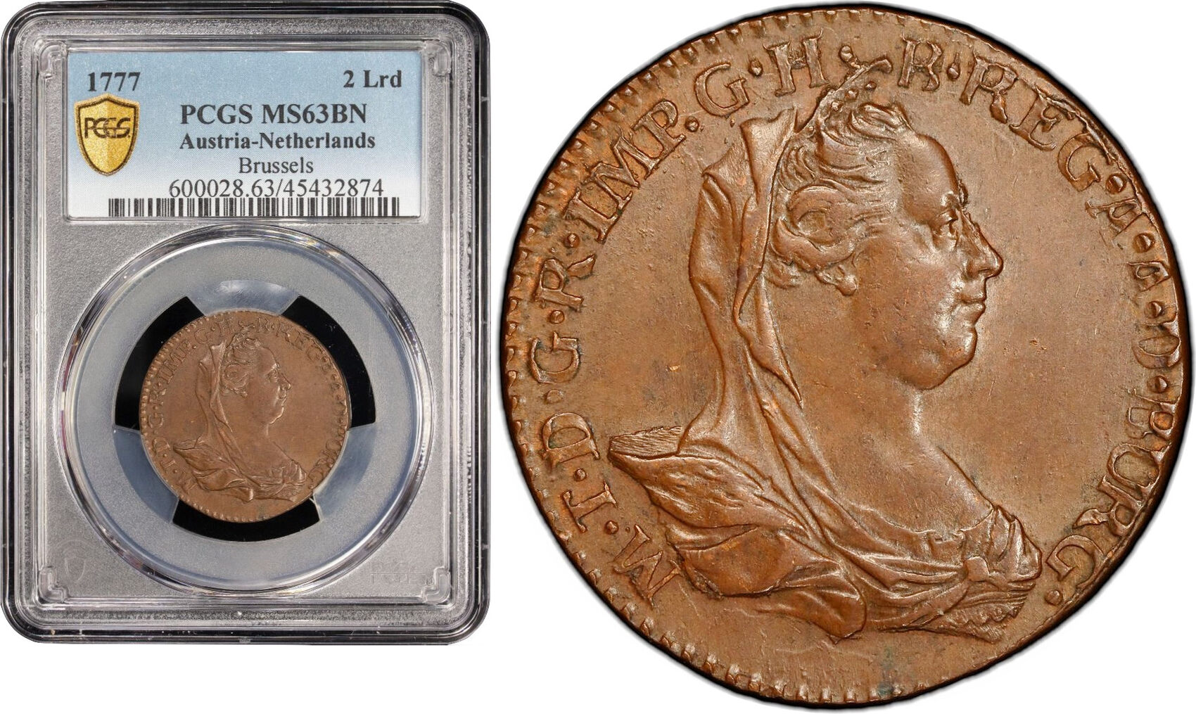 Austrian Netherlands 2 liards 1777, PCGS MS63 BN, Maria Theresa (1740 - 1780) Austrian ...