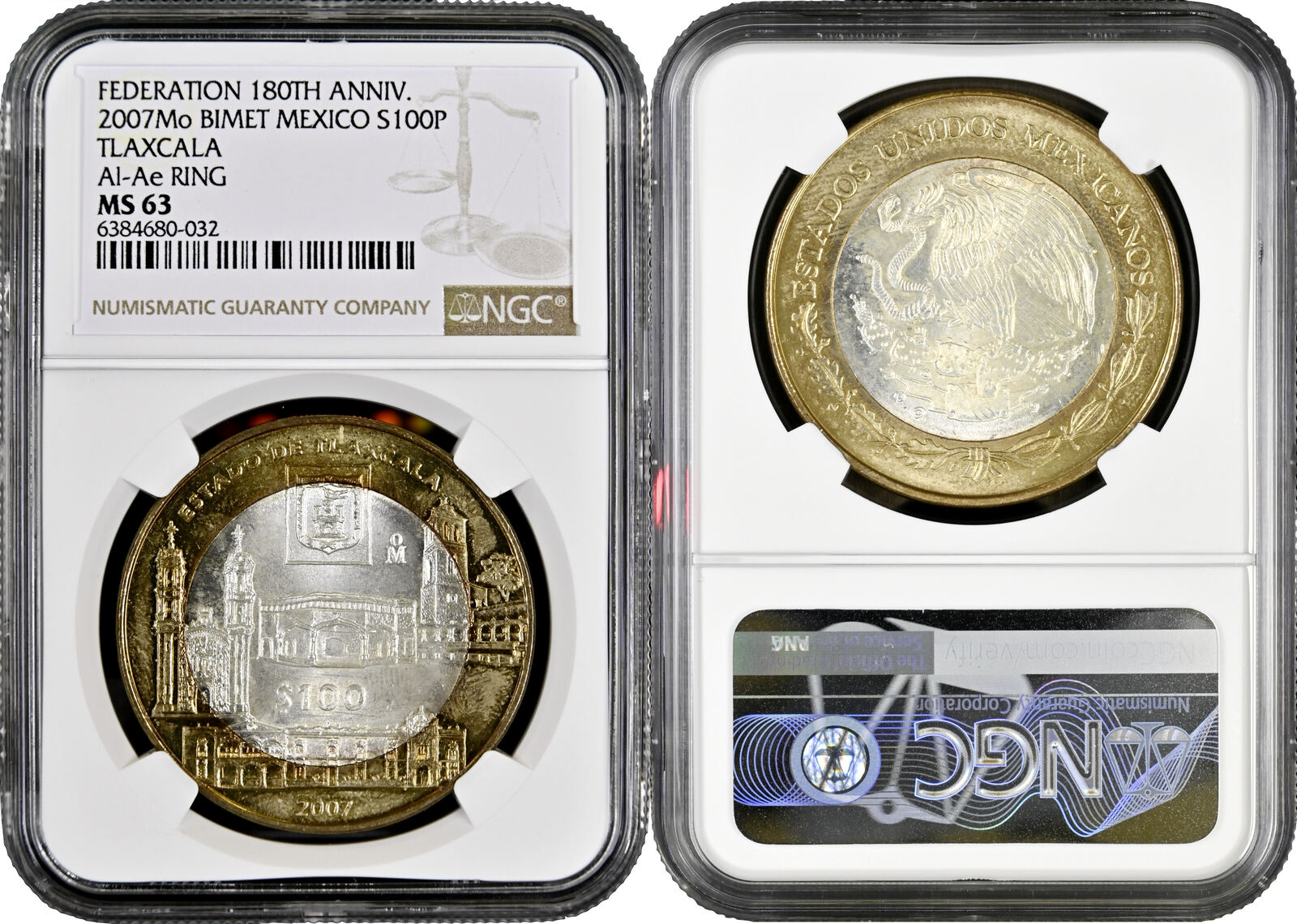 Mexico 100 pesos 2007, NGC MS63, Federation 180th Anniv. - Tlaxcala ...