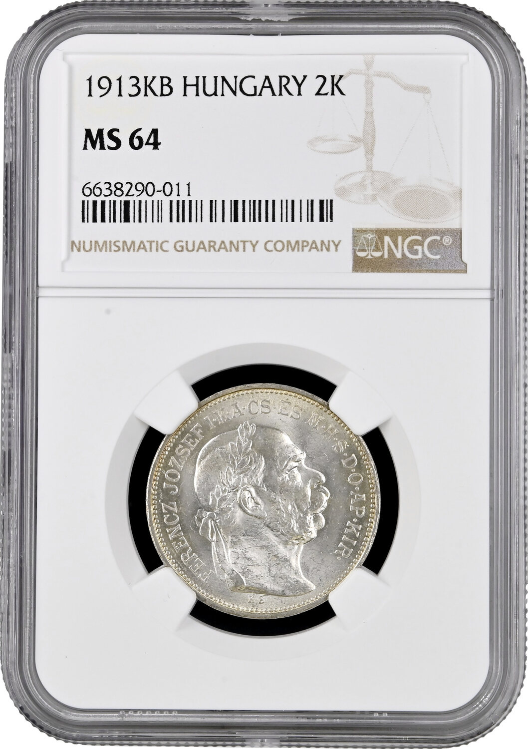 Hungary 2 korona 1913 KB, NGC MS64, Emperor Franz Joseph I (1848 - 1916) Hungary 1913 KB, NGC ...