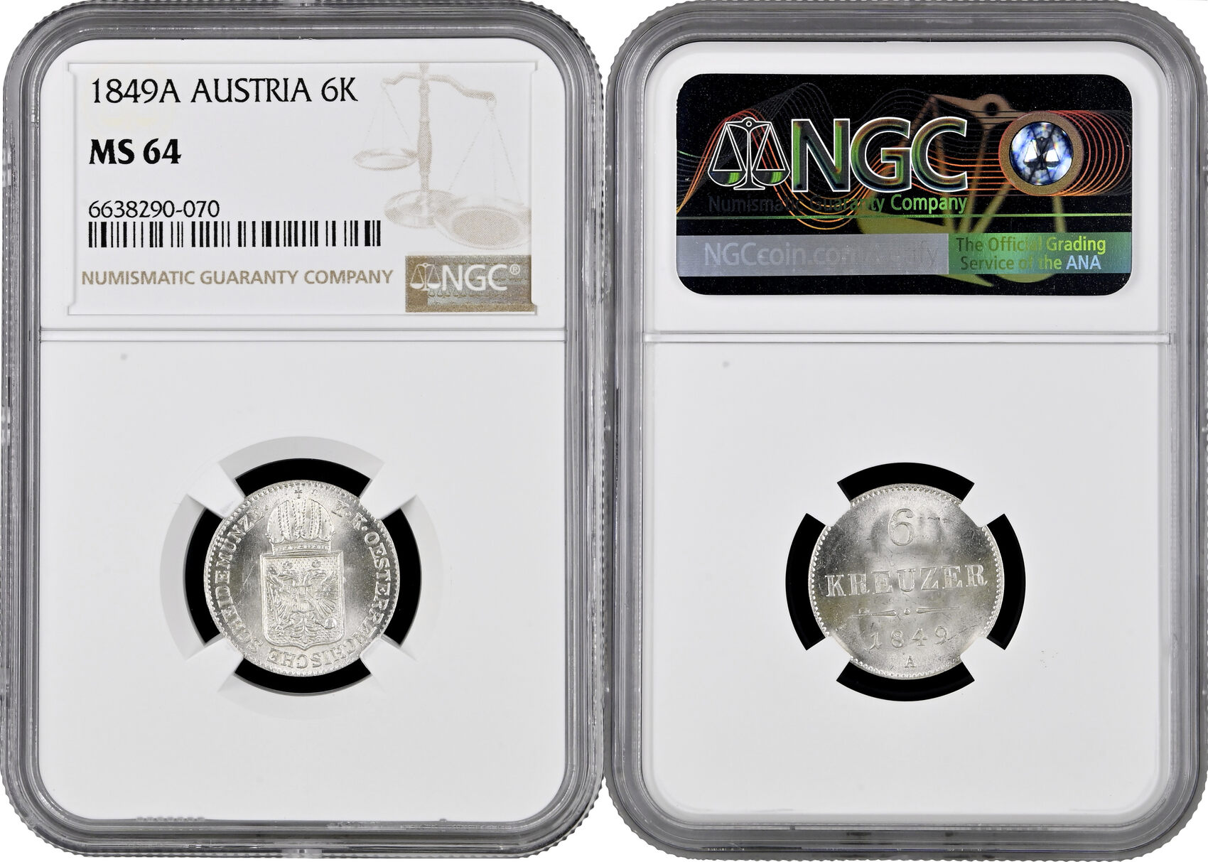 Austria 6 kreuzer 1849 A, NGC MS64, Austrian Empire (1806 - 1857) Austria 1849 A, NGC MS64 ...